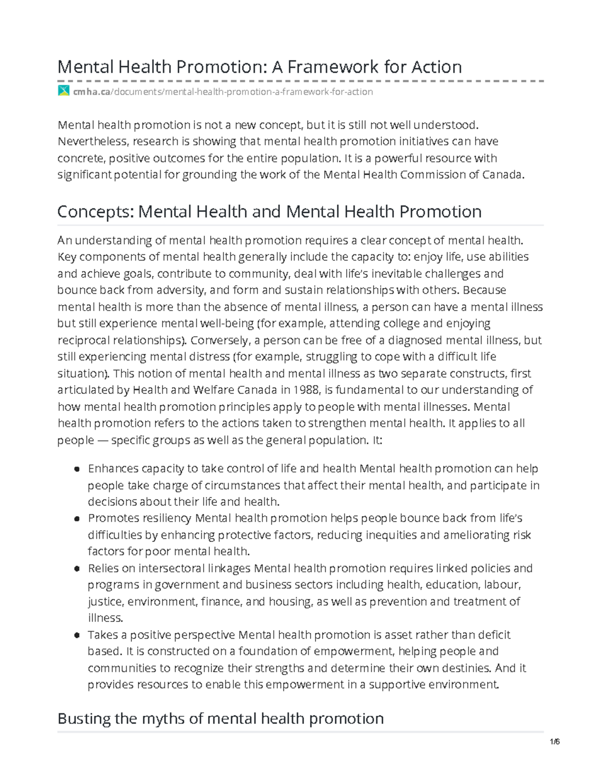 S 1 Mental Health Promotion A Framework for Action - Mental Health ...