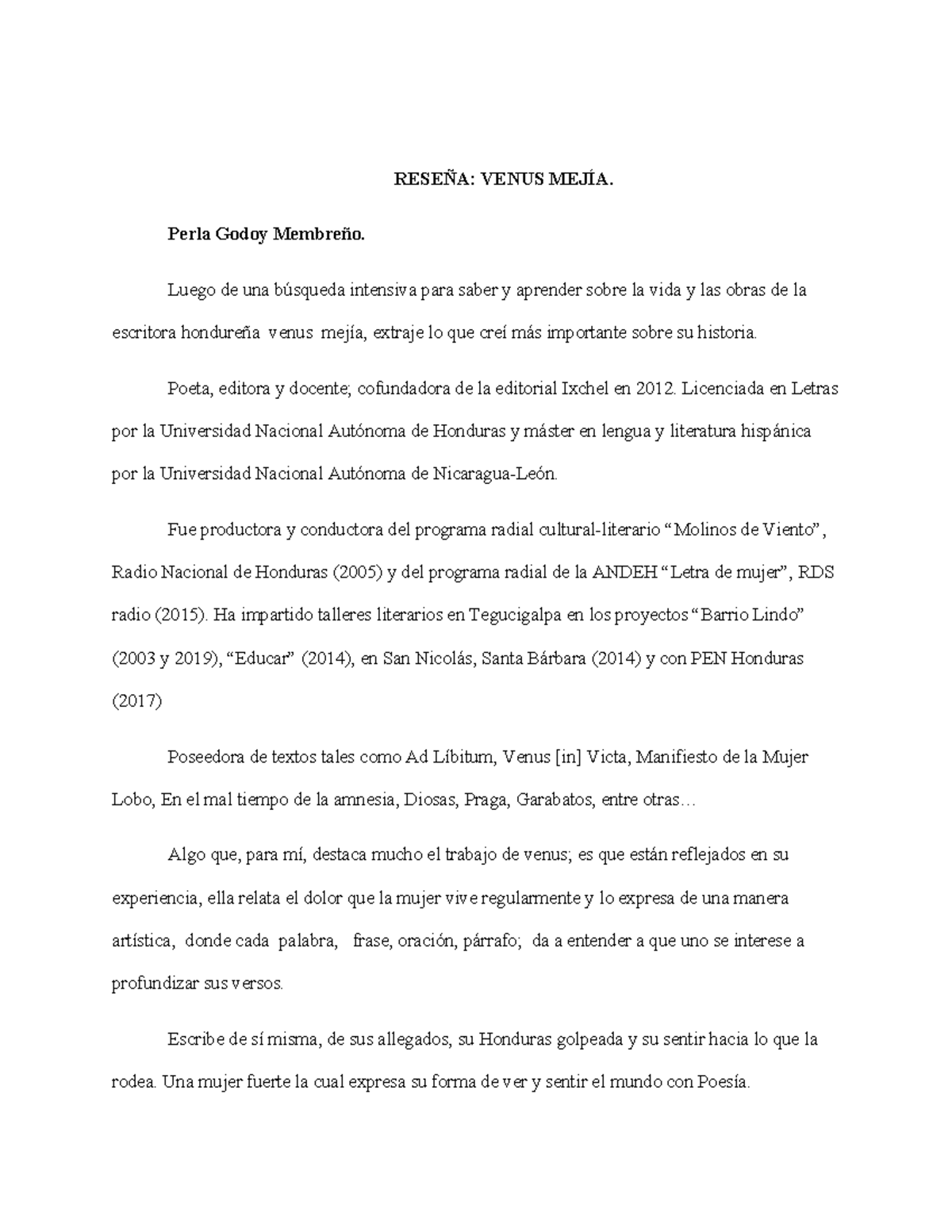 Reseña - RESEÑA: VENUS MEJÍA. Perla Godoy Membreño. Luego de una ...