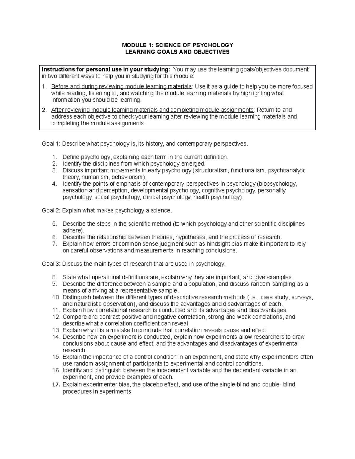 Module 1 learning goals and objectives - MODULE 1: SCIENCE OF ...