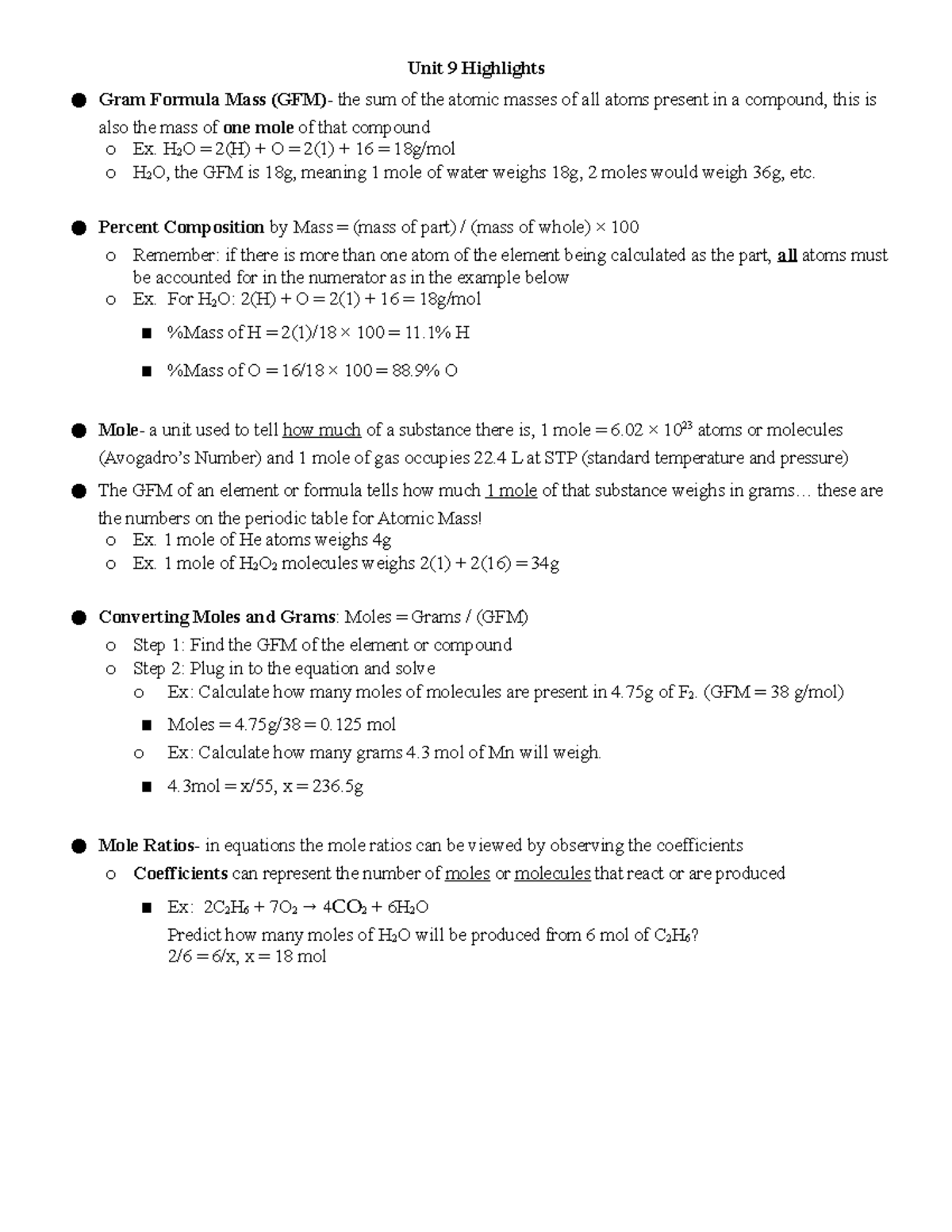 CP Unit 9 Highlights - chem - Unit 9 Highlights Gram Formula Mass (GFM ...