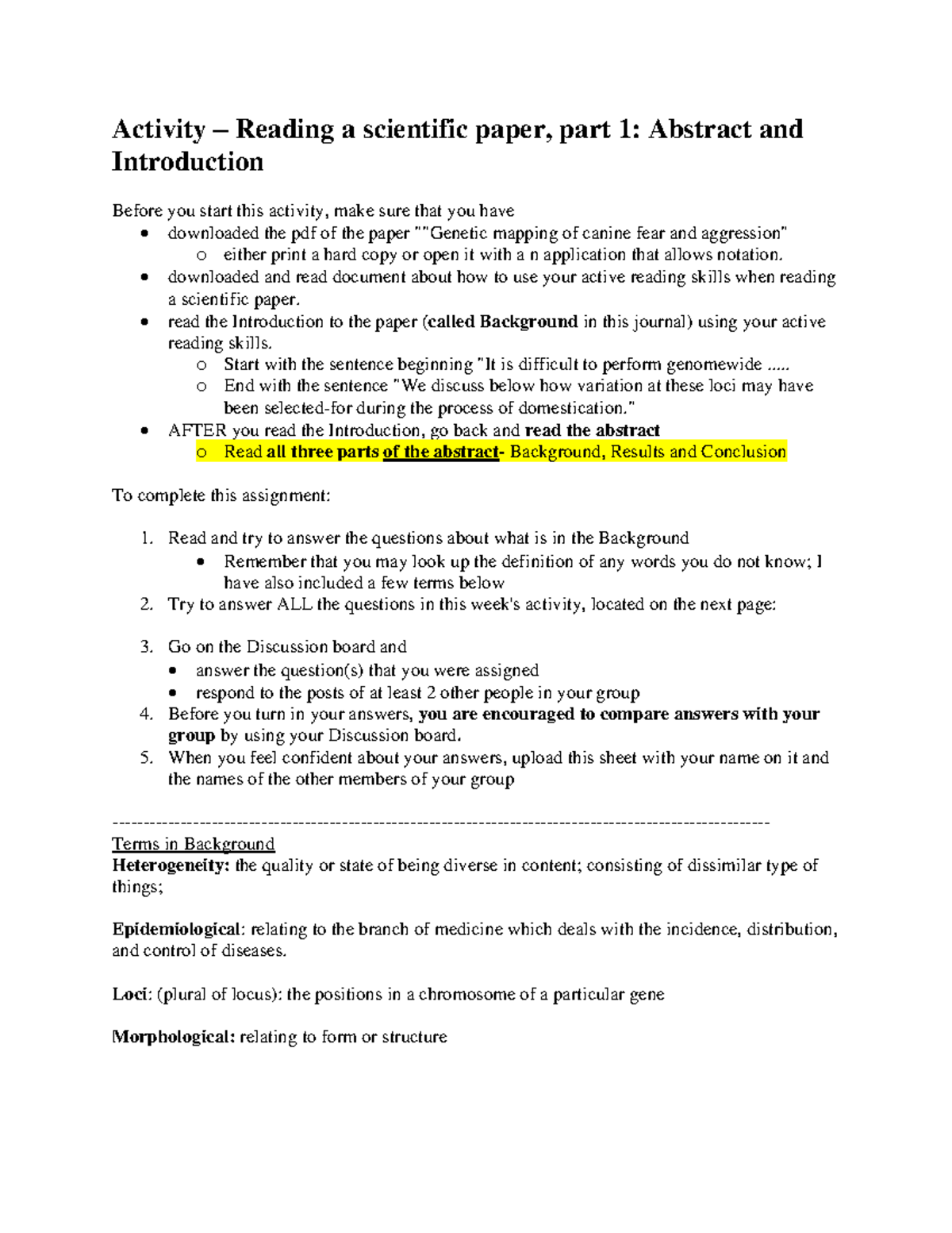 Activity for reading a scientific paper, Part 1 - Activity – Reading a ...