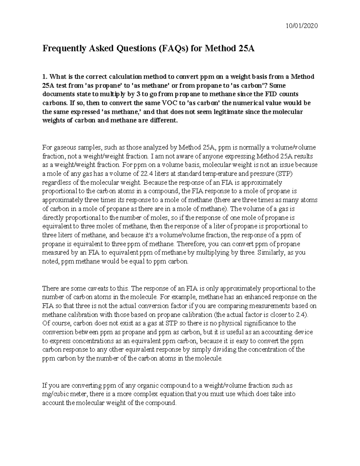 Method 25a faq - metod - 10/01/ Frequently Asked Questions (FAQs) for ...