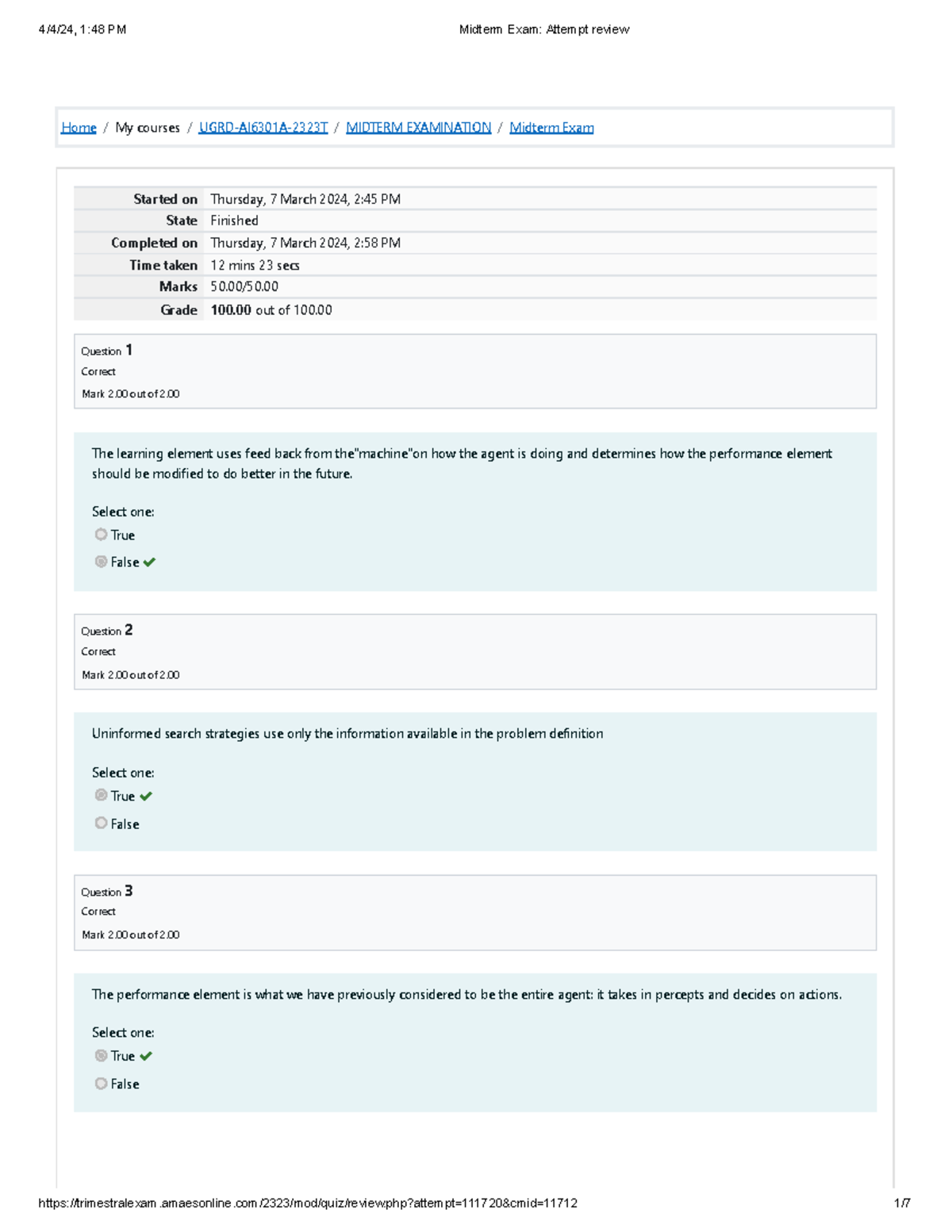 Midterm Exam-AI301 - 100% - Home / My courses / UGRD-AI6301A-2323T / MIDTERM EXAMINATION ...