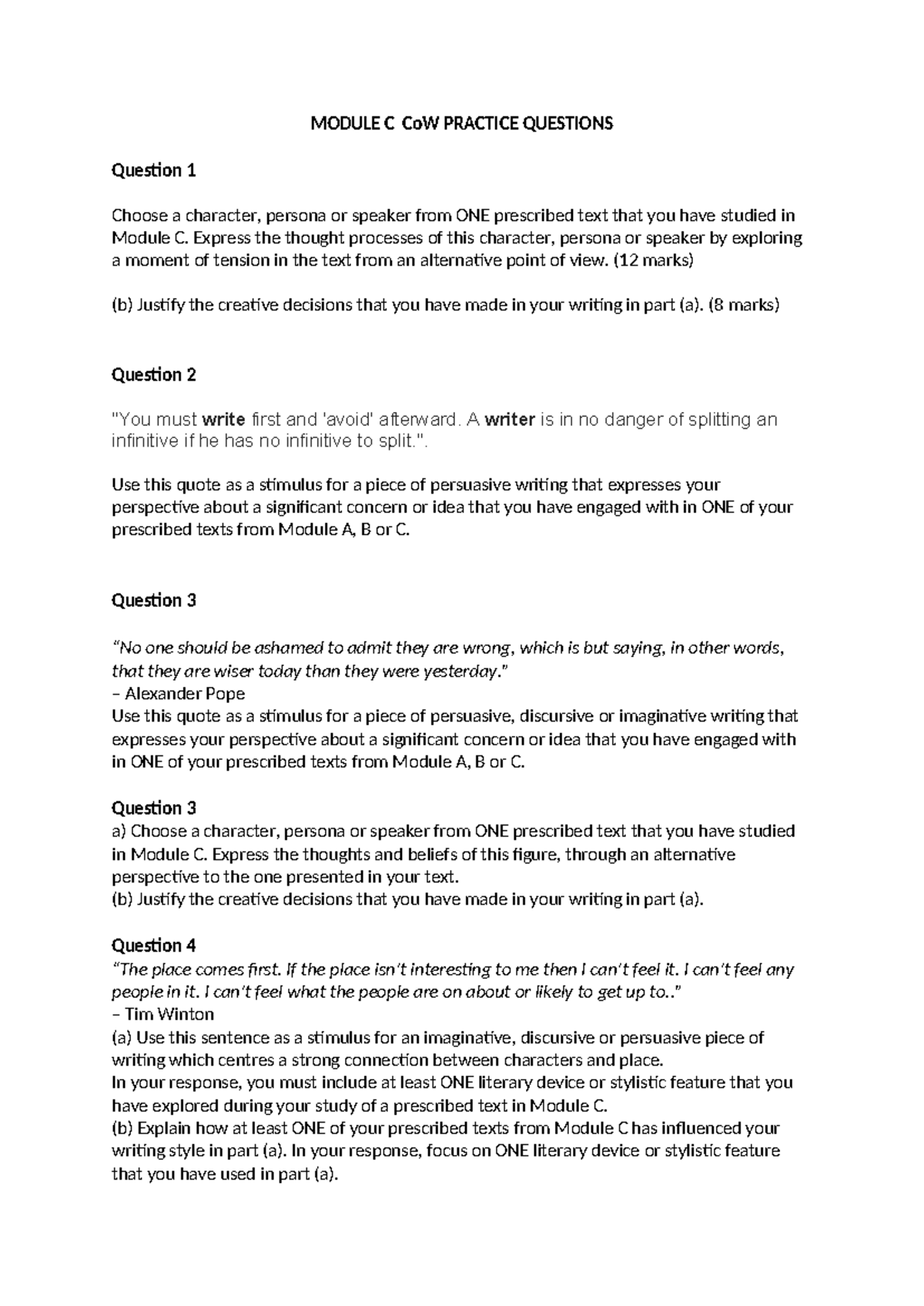 Module C Co W Practice Questions - MODULE C CoW PRACTICE QUESTIONS ...