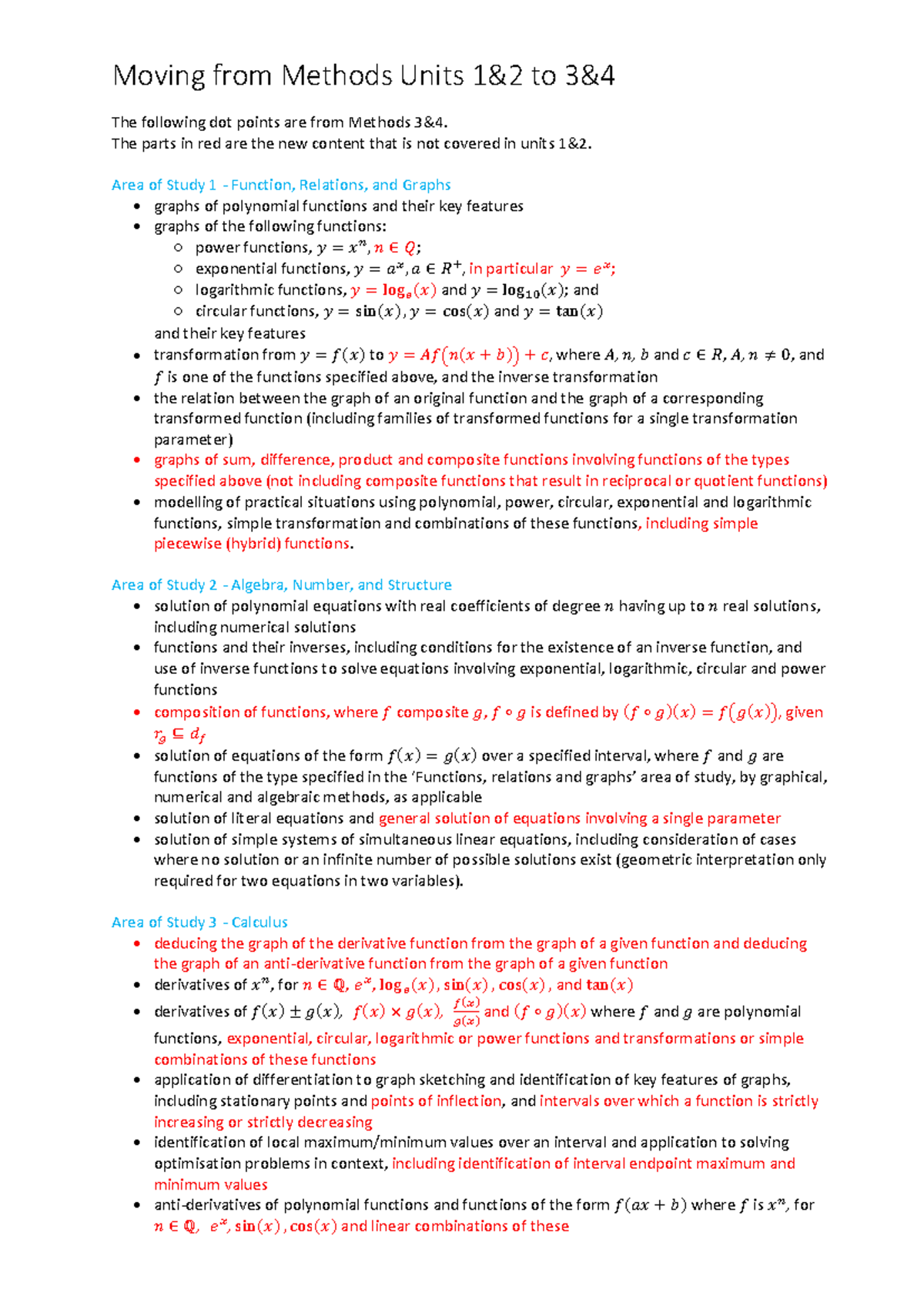 Moving from Methods Units 1&2 to 3&4 - The following dot points are ...