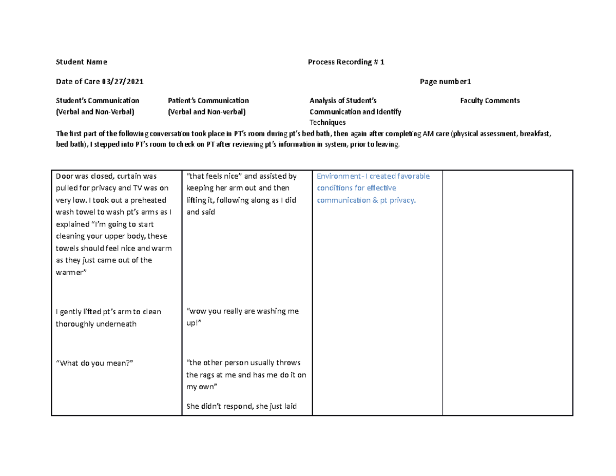 Process Recording Form - Student Name Process Recording # 1 Date of ...