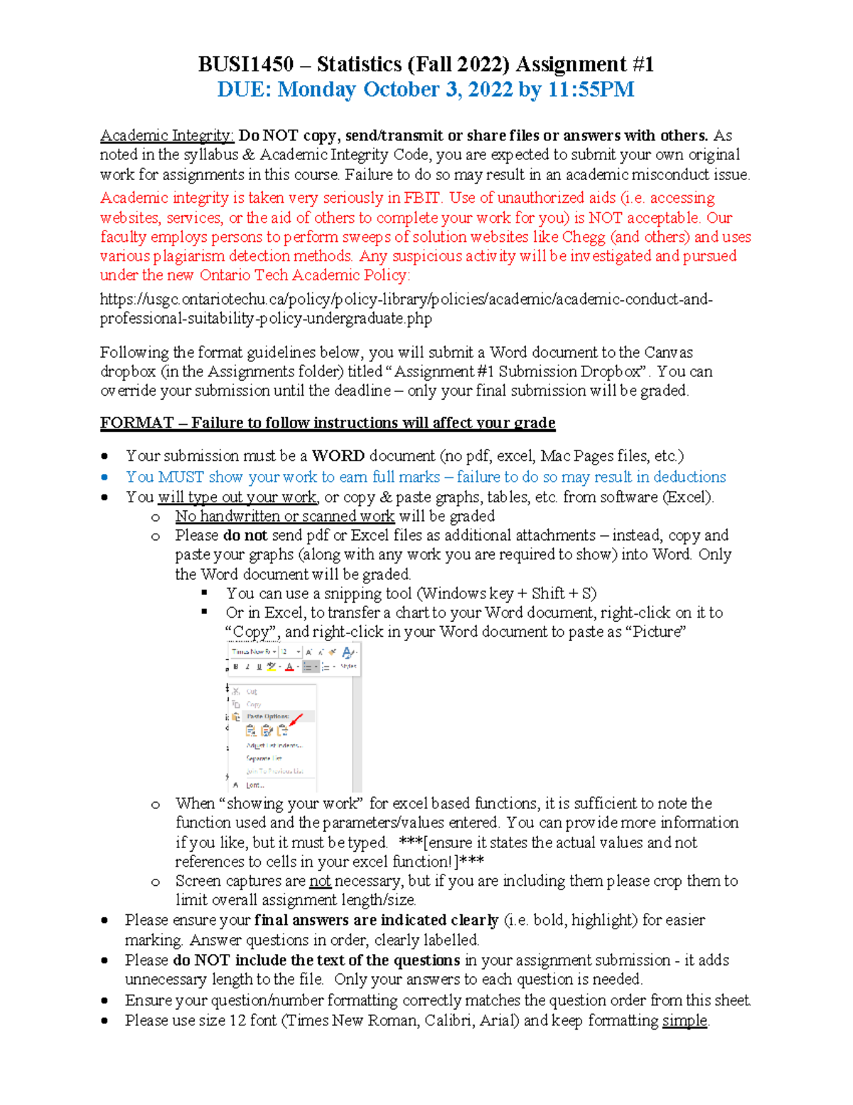 BUSI1450 F2022 - Assignment 1 - DUE: Monday October 3, 2022 by 11:55PM ...