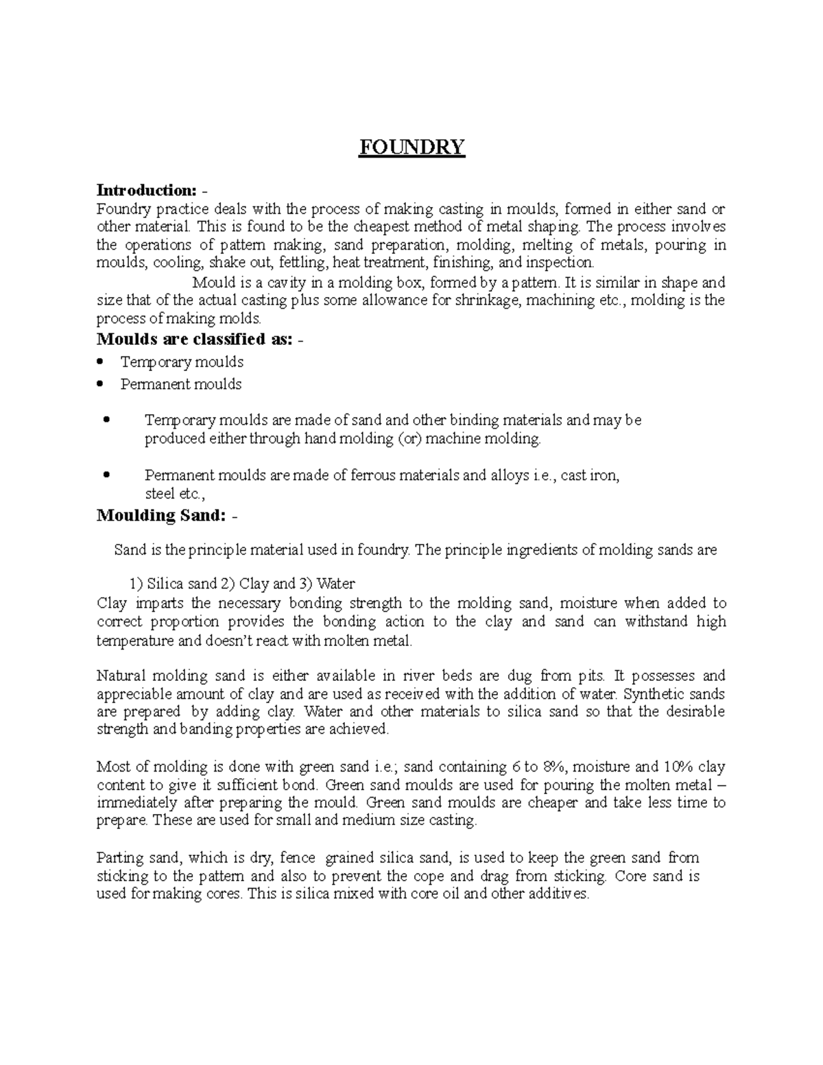 Foundry Sem 2 - FOUNDRY Introduction: - Foundry practice deals with the ...