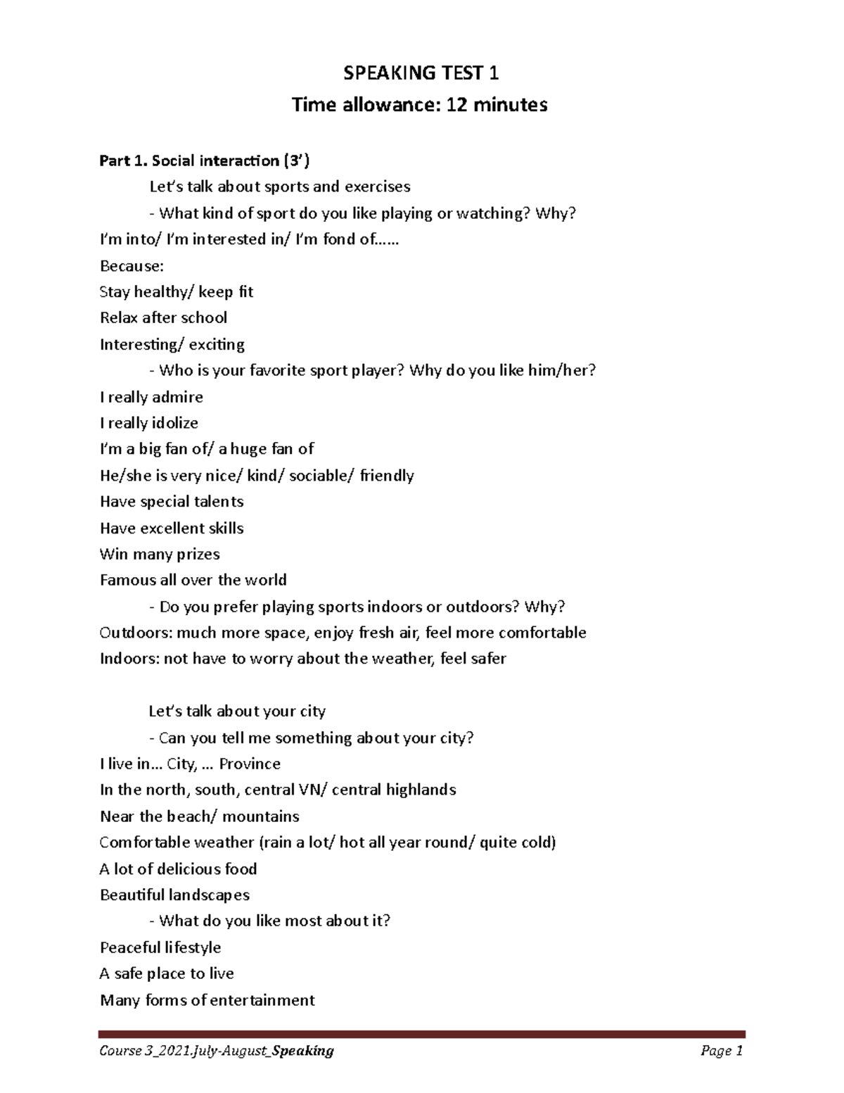 Speaking-3 2021 - Speaking b1 - SPEAKING TEST 1 Time allowance: 12 ...