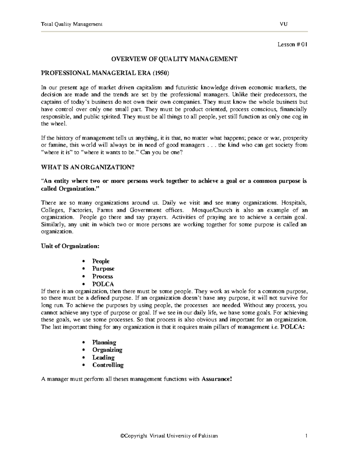 Lecture 01 - Total Quality Management VU ©Copyright Virtual University ...