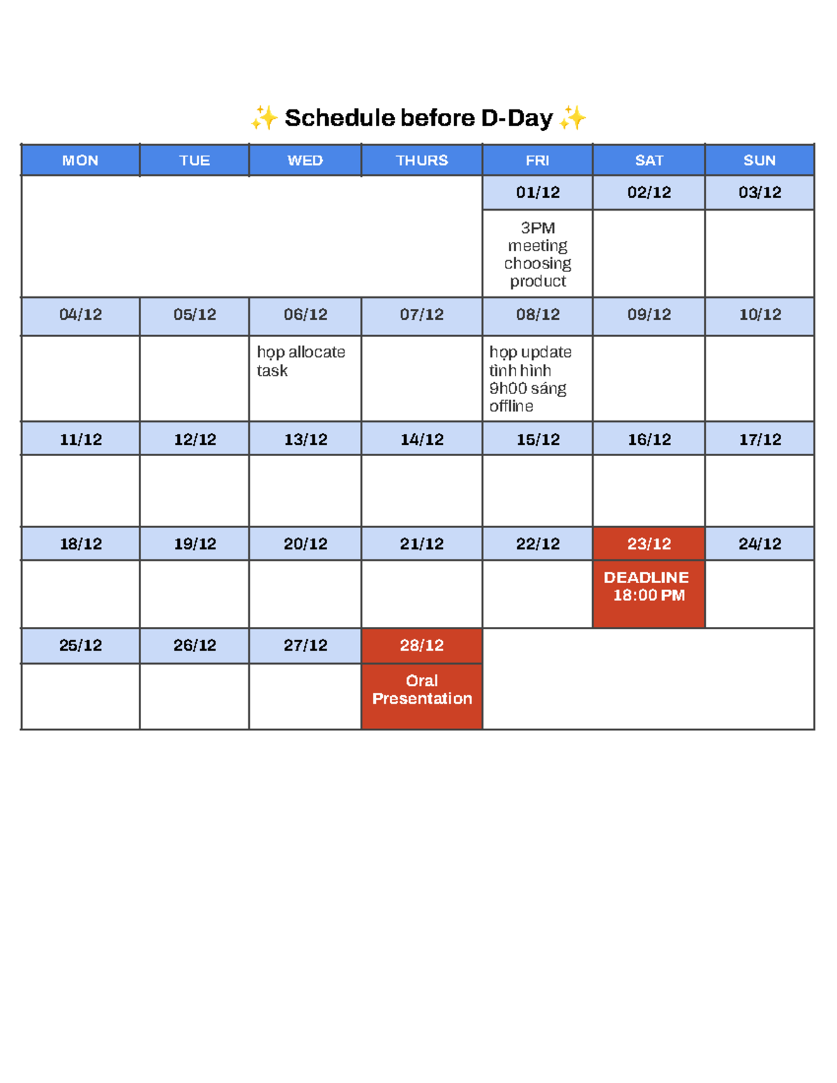 Planning & TASK Allocation - Schedule before D-Day MON TUE WED THURS ...