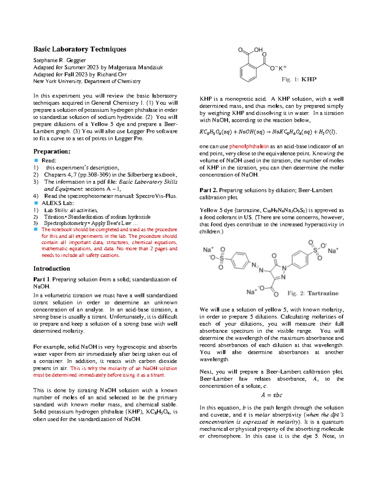 Exp1 Basic Laboratory Techniques-A Review - Basic Laboratory Techniques Stephanie R. Geggier ...