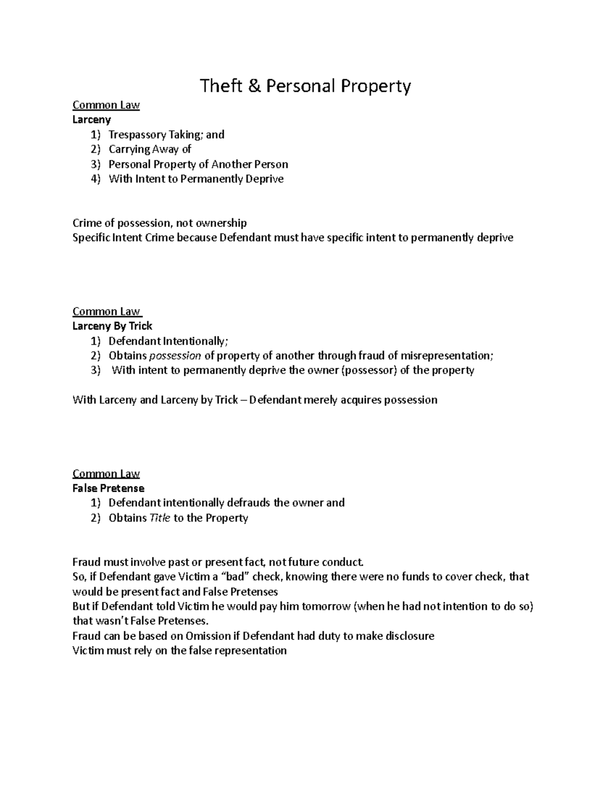 Theft - Outline - Theft & Personal Property Common Law Larceny 1 ...