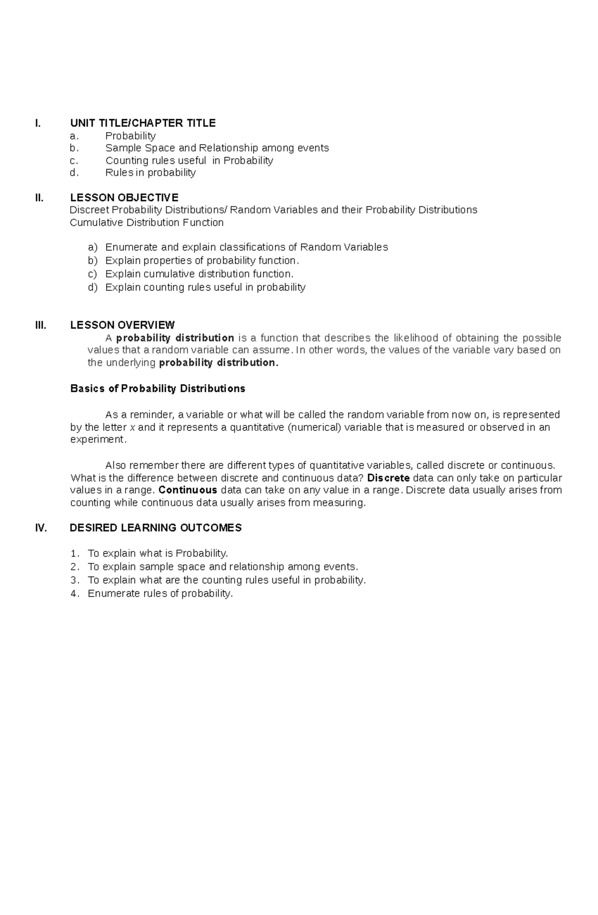 Module 2 - Probability - I. UNIT TITLE/CHAPTER TITLE a. Probability b ...