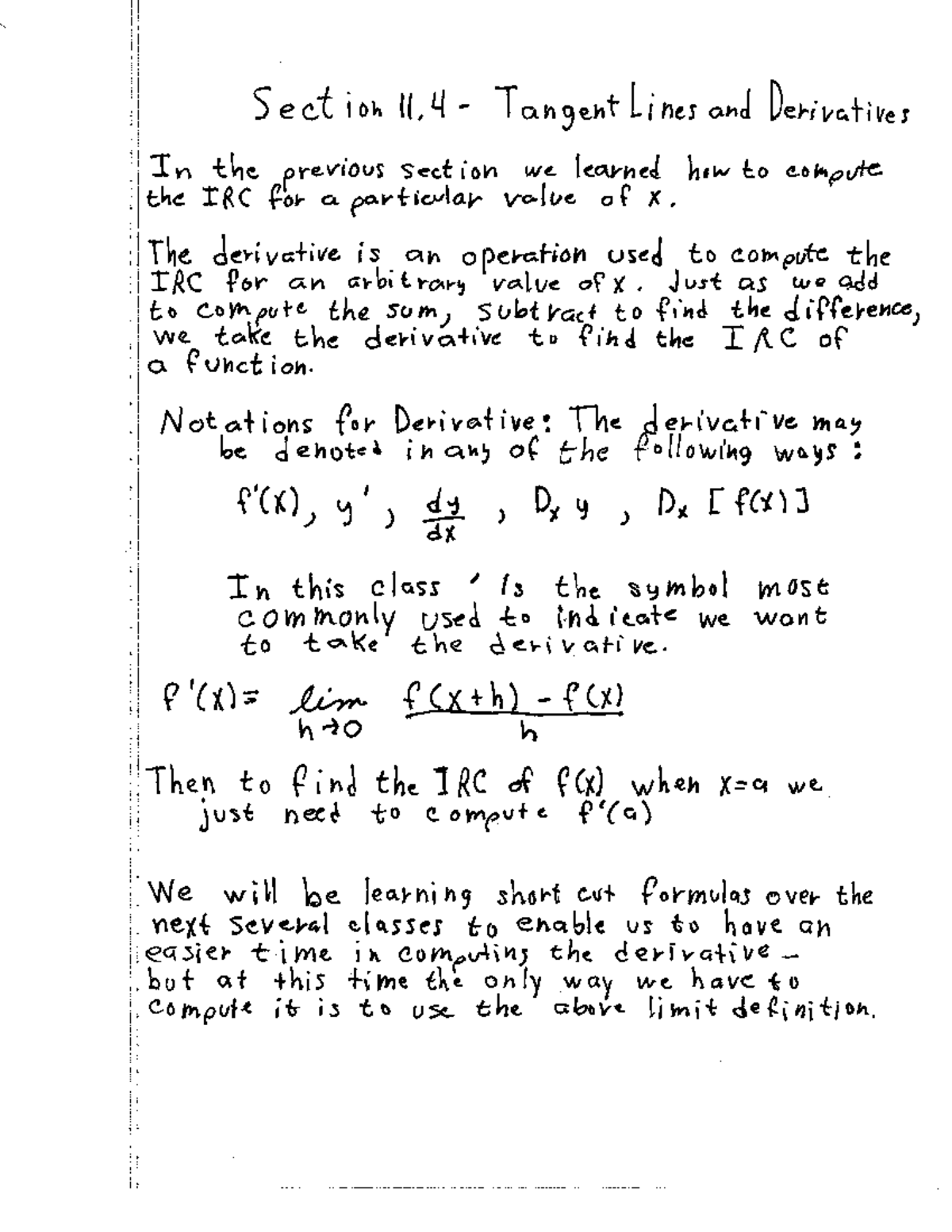 Section 11.4 - Tangent Lines & Derivatives - Sect lo». ”,4 ' Tangehl ...