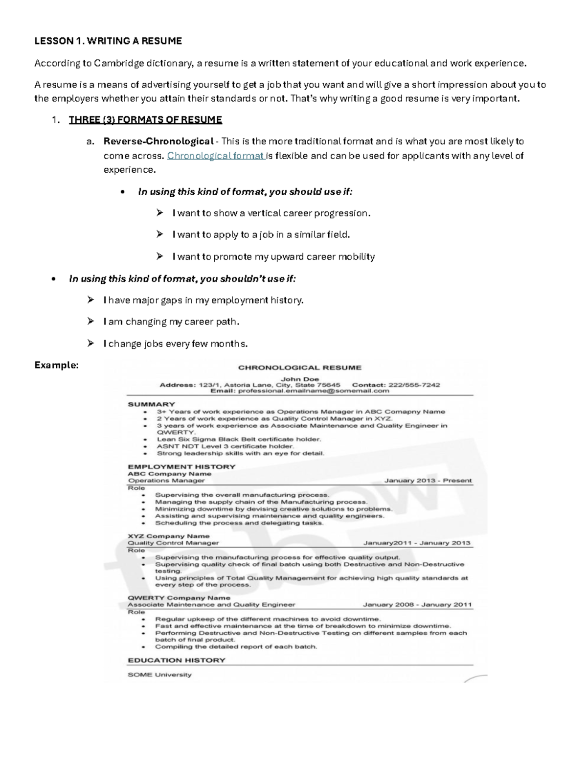 How to write a Resume - hfhds - LESSON 1. WRITING A RESUME According to ...