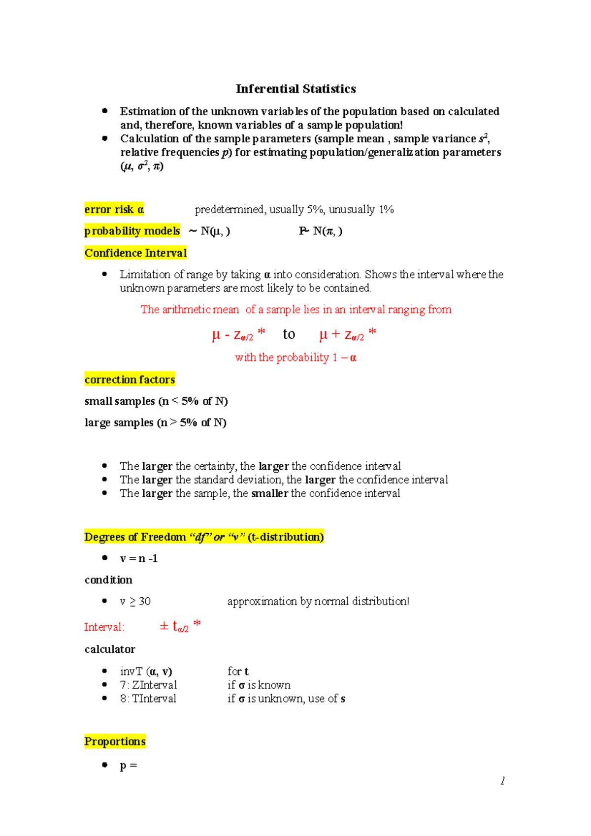 Inferential Statistics Summary - Inferential Statistics Estimation of ...