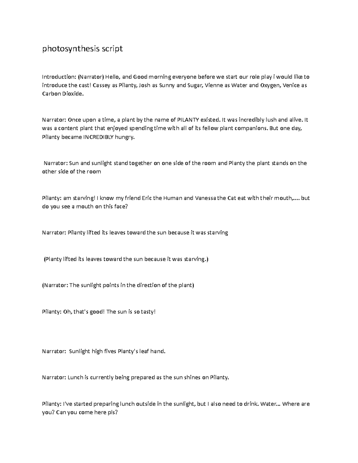 Photosynthesis-script - photosynthesis script Introduction: (Narrator ...