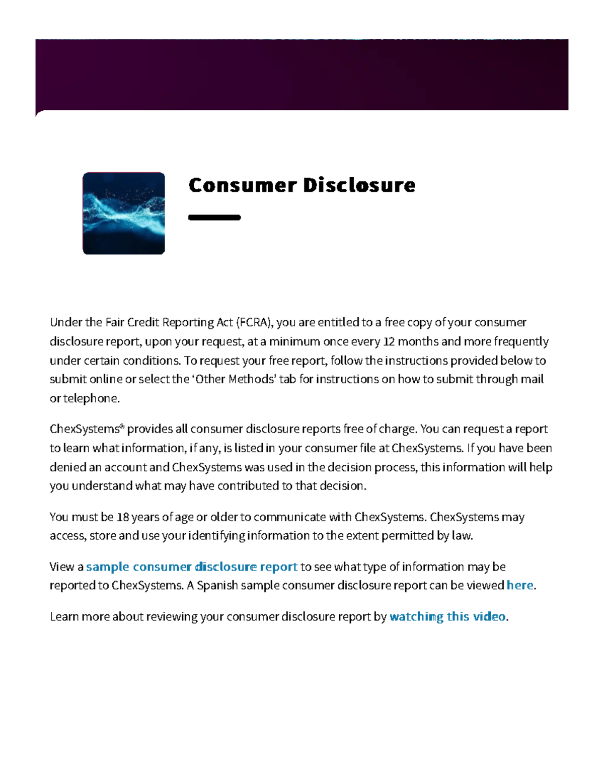 Request Chex Systems Consumer Disclosure Report - Under the Fair Credit ...