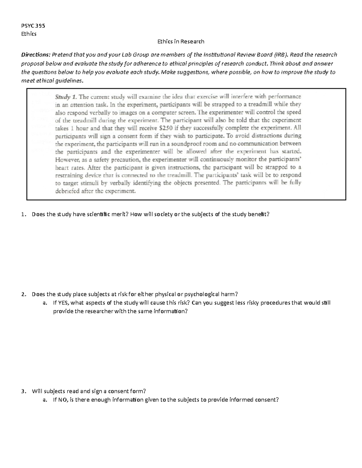 Activity Ethics - n/a - PSYC 395 Ethics Ethics in Research Directions ...