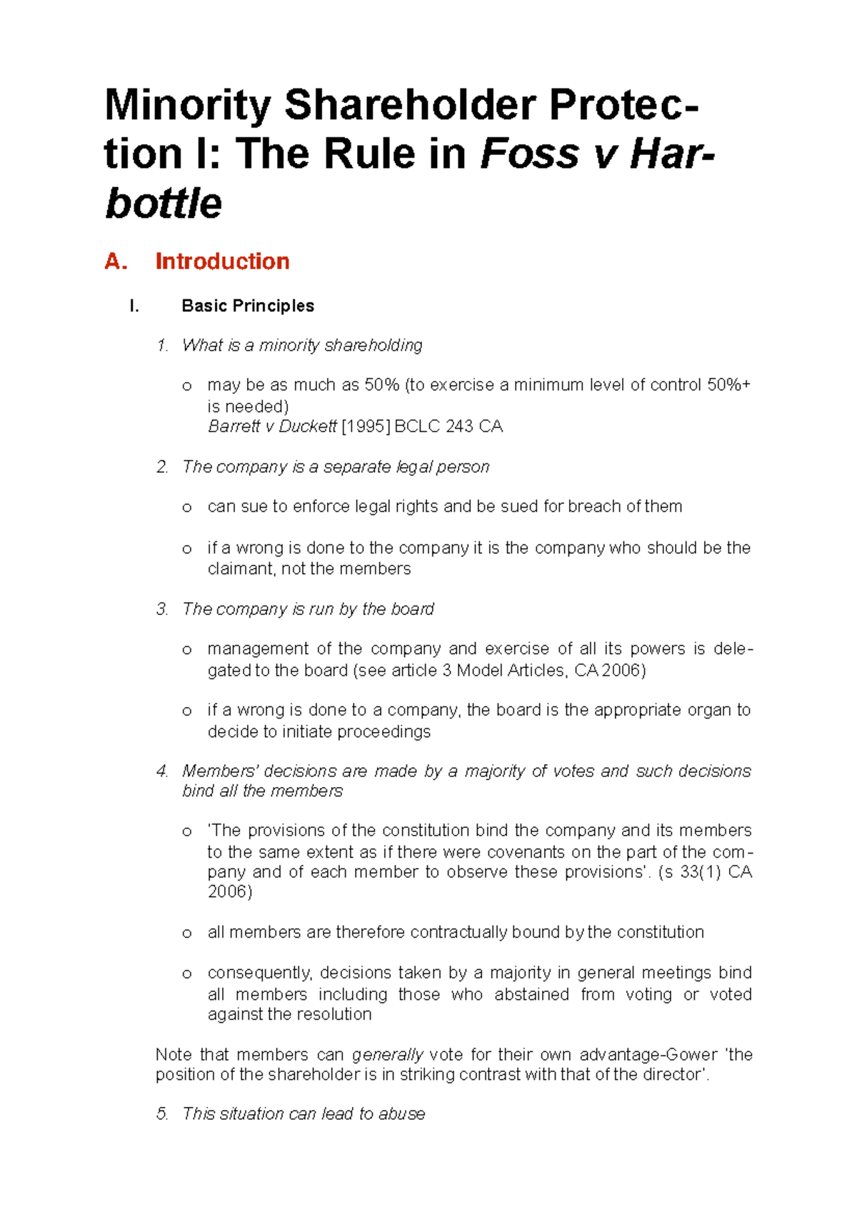 Minority Shareholder Protection I- The Rule in Foss v Harbottle ...