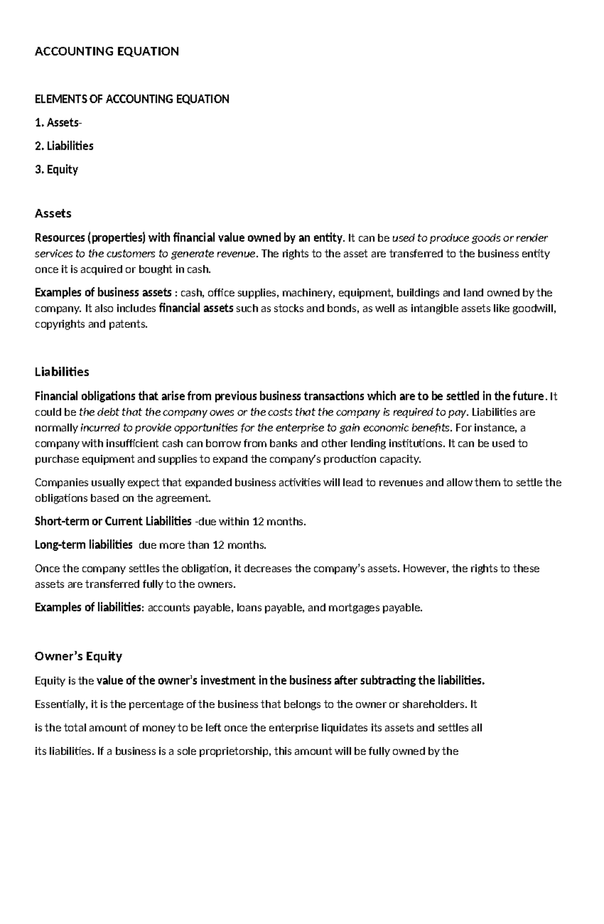 Accounting Equation - ACCOUNTING EQUATION ELEMENTS OF ACCOUNTING ...