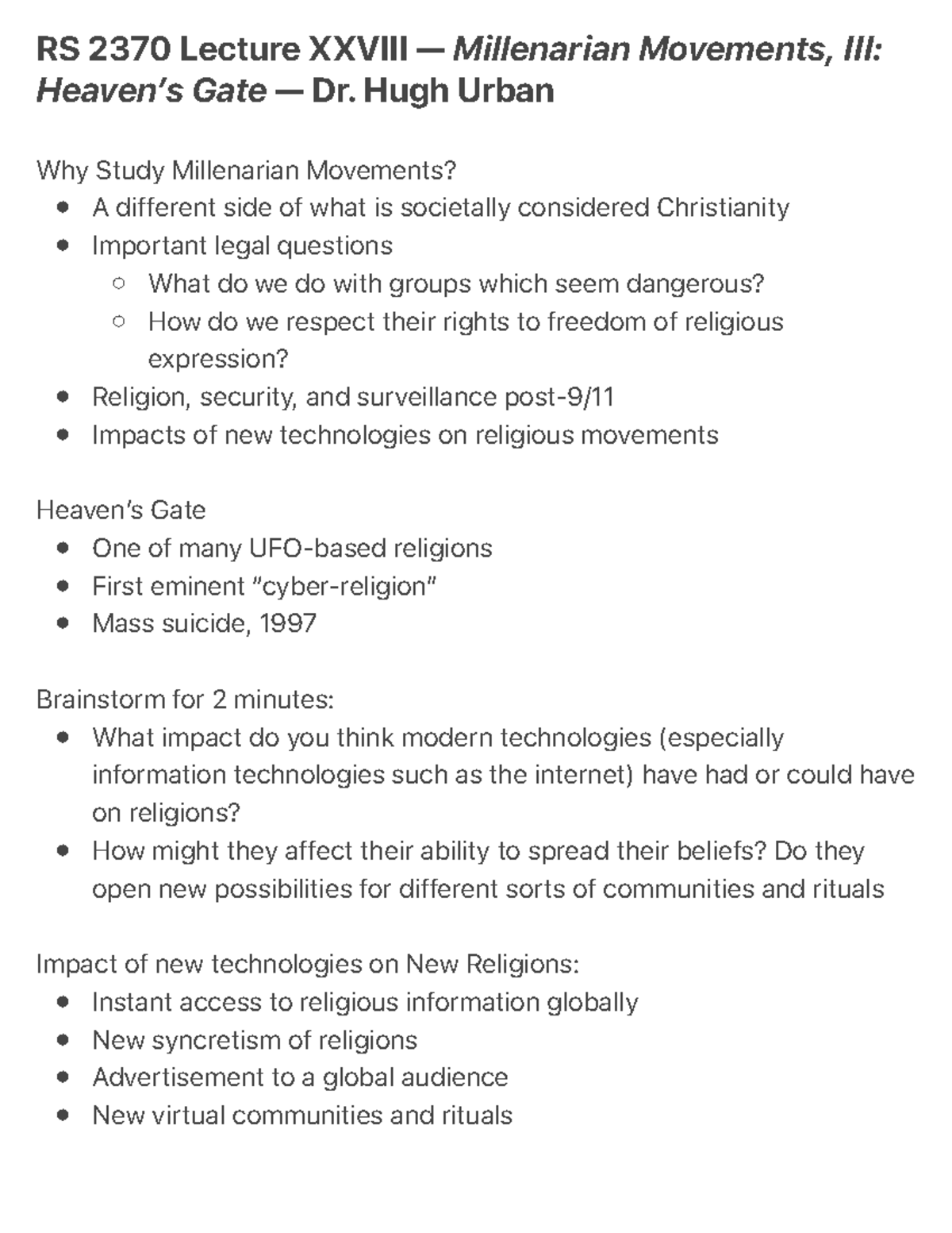 RS 2370 Lecture XXVIII — Millenarian Movements, III Heaven’s Gate ...