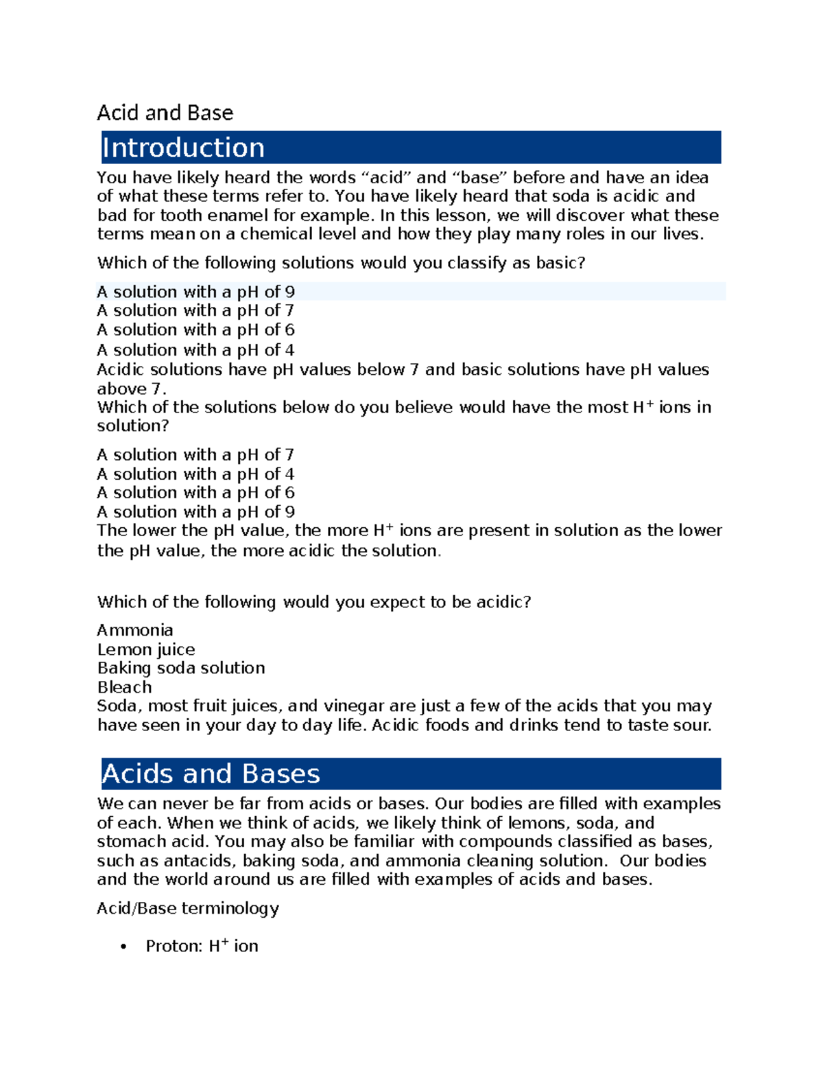 Acid and Base - Lecture notes - Acid and Base Introduction You have ...
