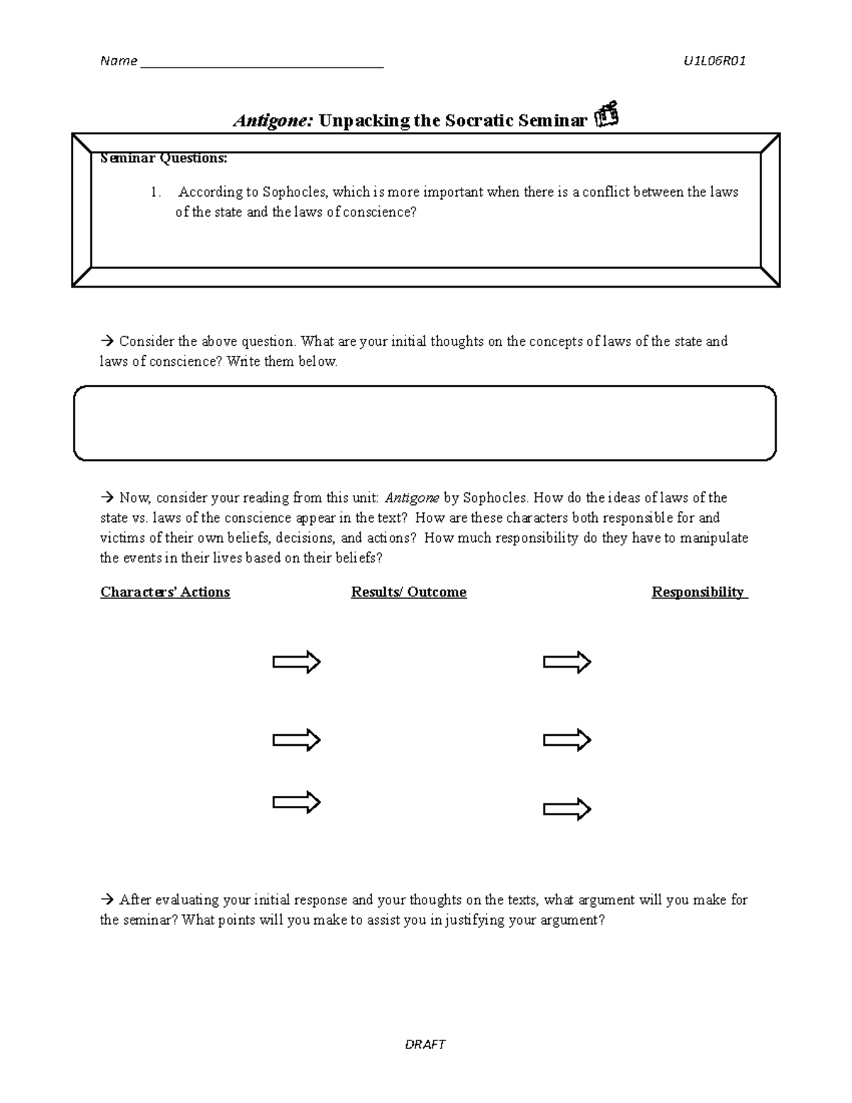 Antigone Unpacking the Socratic Seminar - Name ...