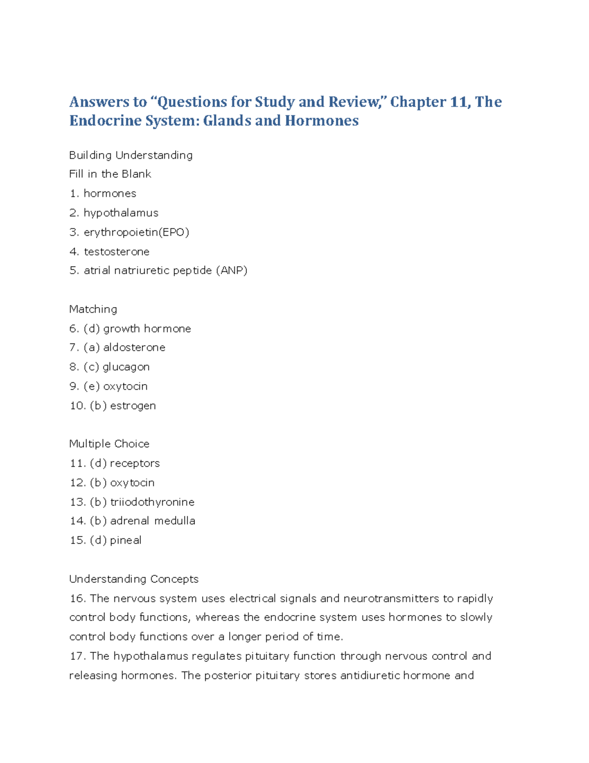 AQSR Chapter 11 - Answers to “Questions for Study and Review,” Chapter 11, The Endocrine System ...