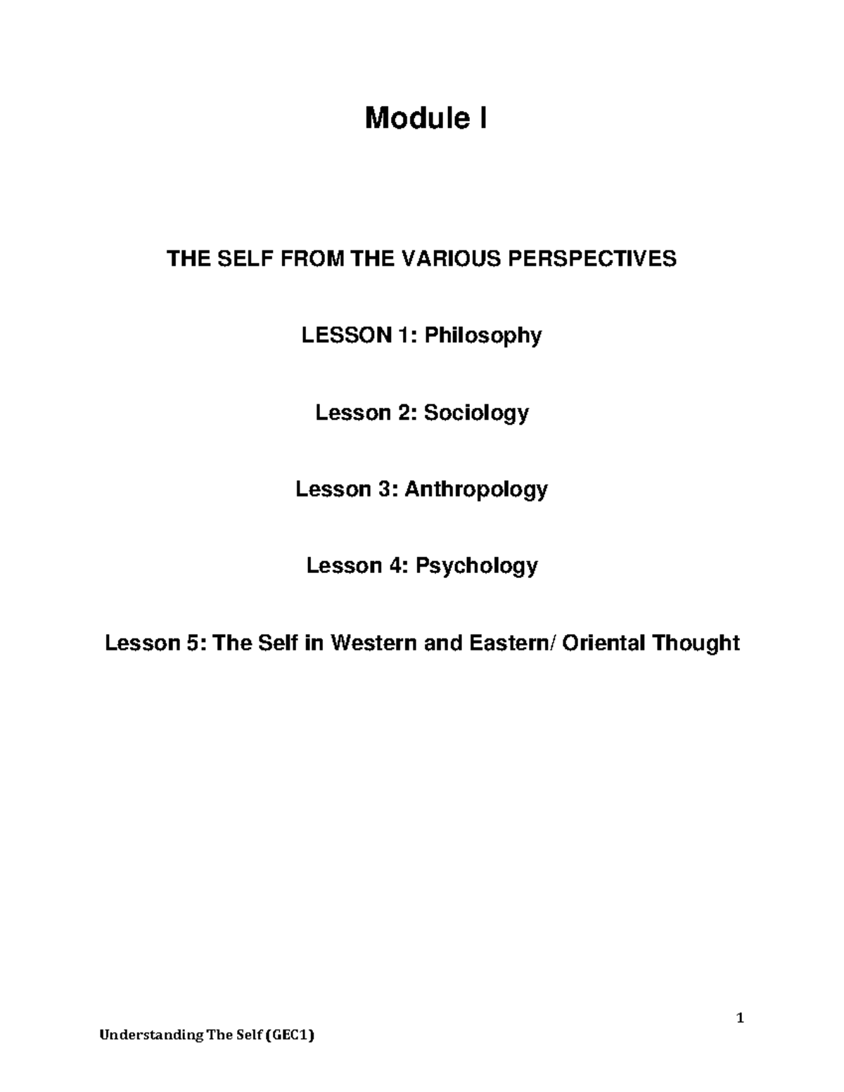 Lesson 1 (GEC1 Prelim) - . . . . - 1 Module I THE SELF FROM THE VARIOUS ...