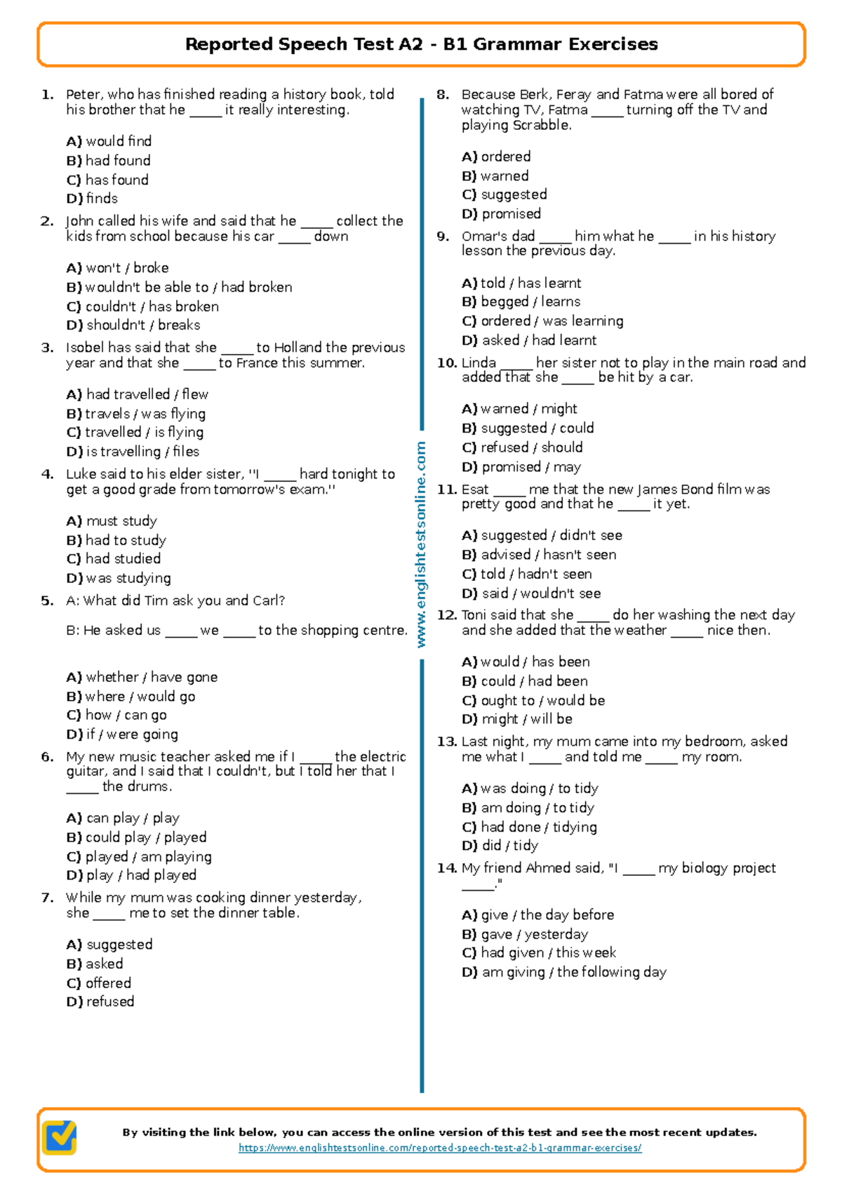477 reported-speech-test-a2-b1-grammar-exercises englishtestsonline ...