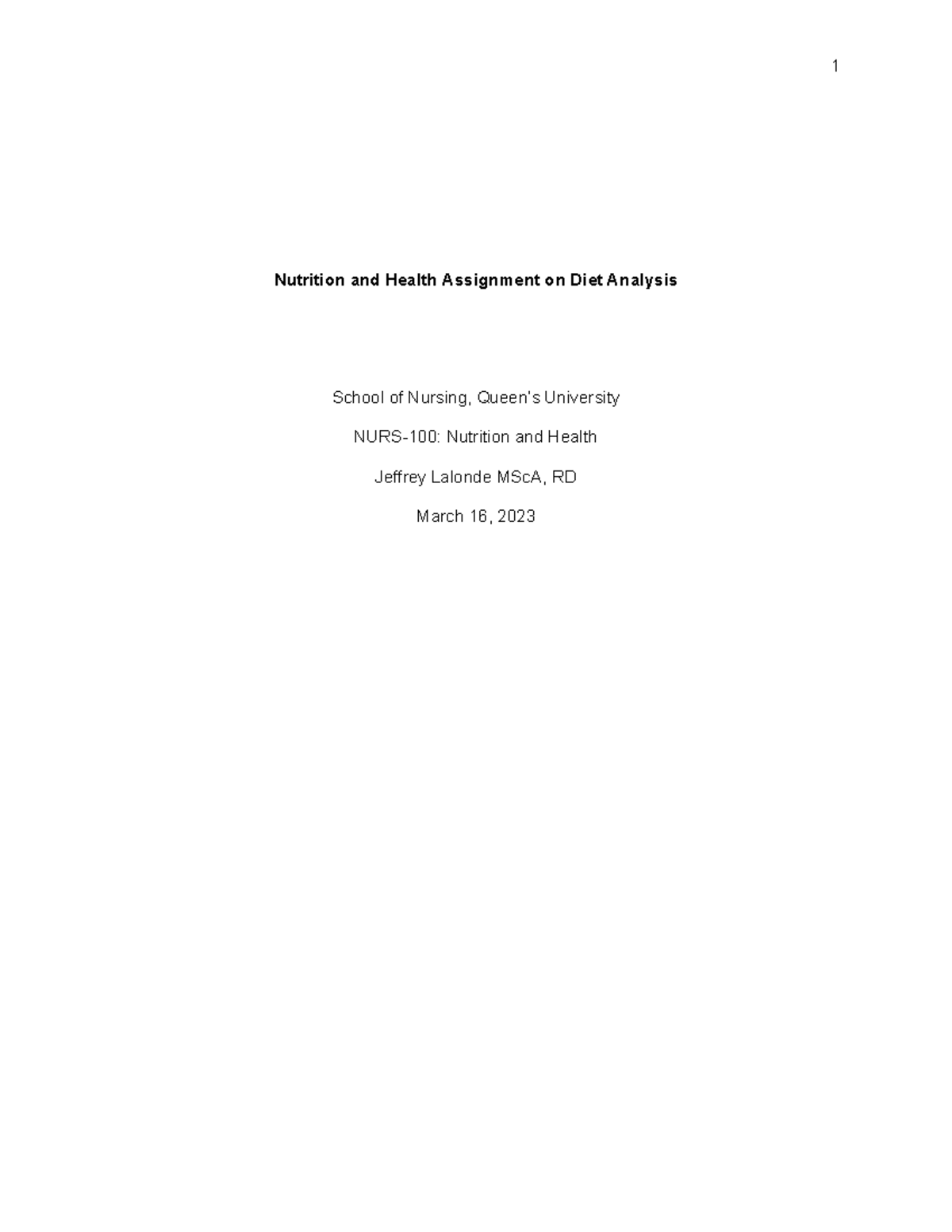 Nutrition Assignment - Nutrition and Health Assignment on Diet Analysis ...