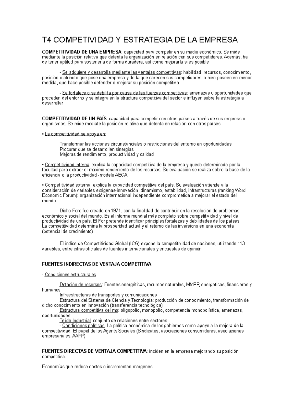 Tema 4 Resúmenes - T4 COMPETIVIDAD Y ESTRATEGIA DE LA EMPRESA COMPETITIVIDAD DE UNA EMPRESA ...
