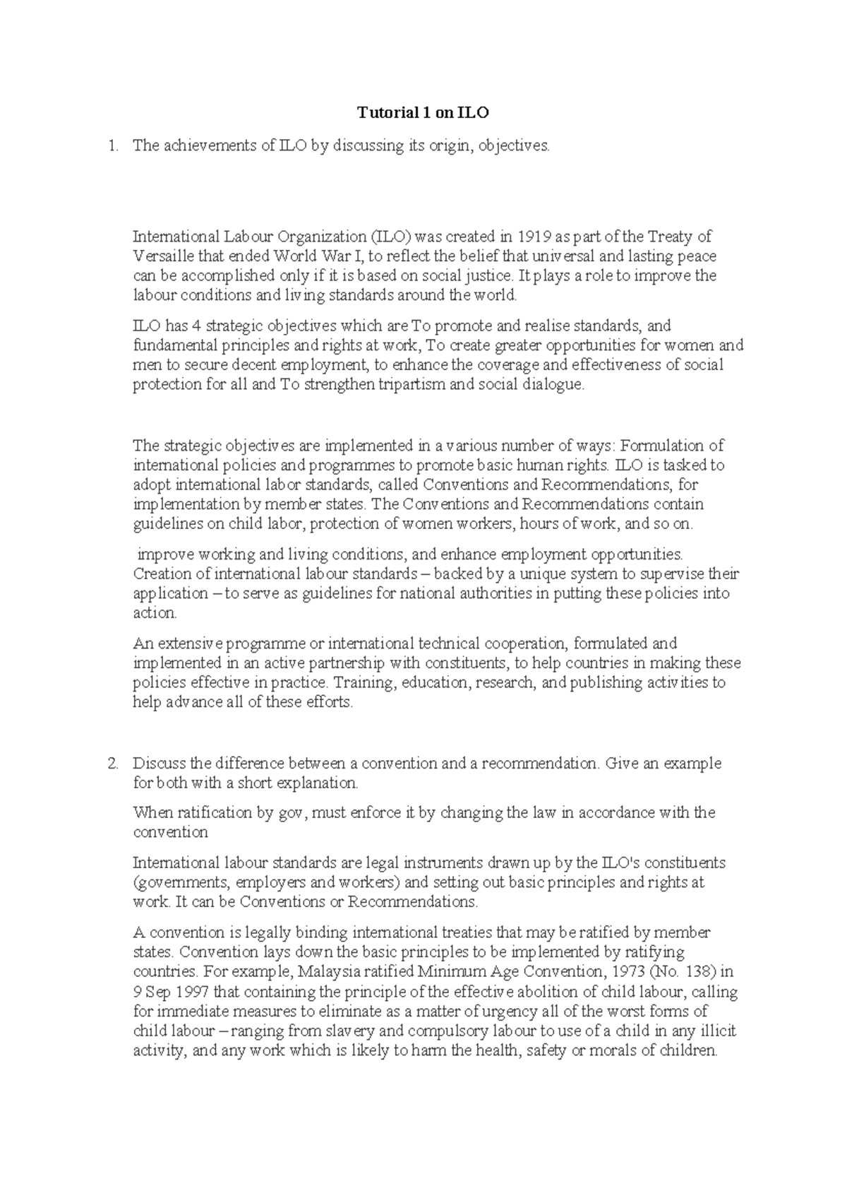 Tutorial 1 and Tutorial 2 Week 2 -ILO & Employer & Employee ...