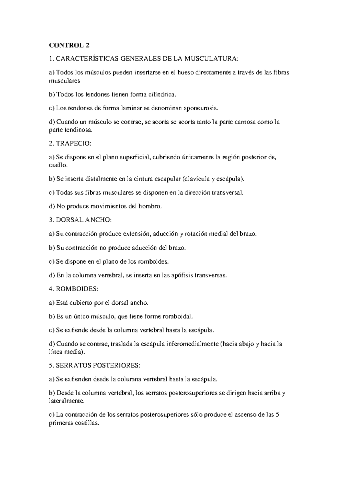 Control 2 - posibles examenes anatomía - CONTROL 2 1. CARACTERÍSTICAS ...