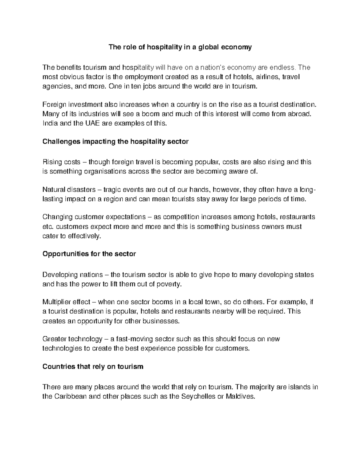 The role of hospitality in a global econom - The most obvious factor is ...