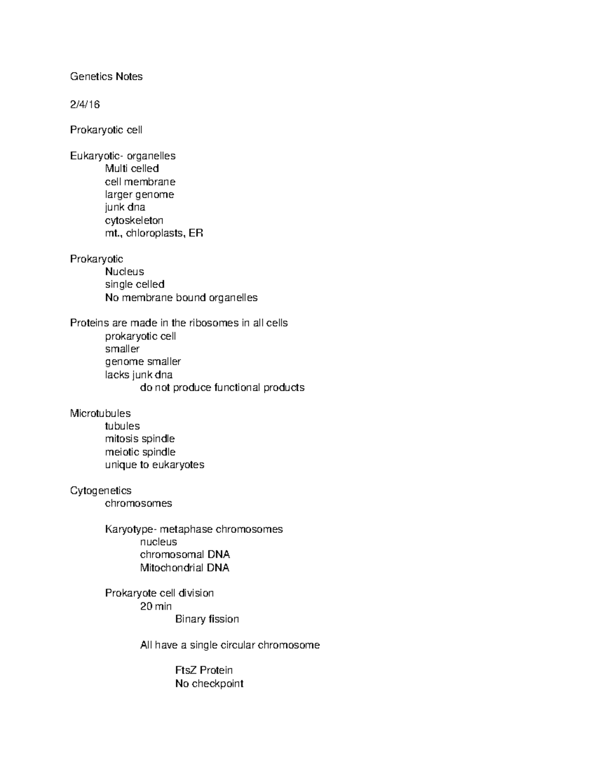 Genetics Notes - Genetics Notes 2/4/ Prokaryotic cell Eukaryotic ...
