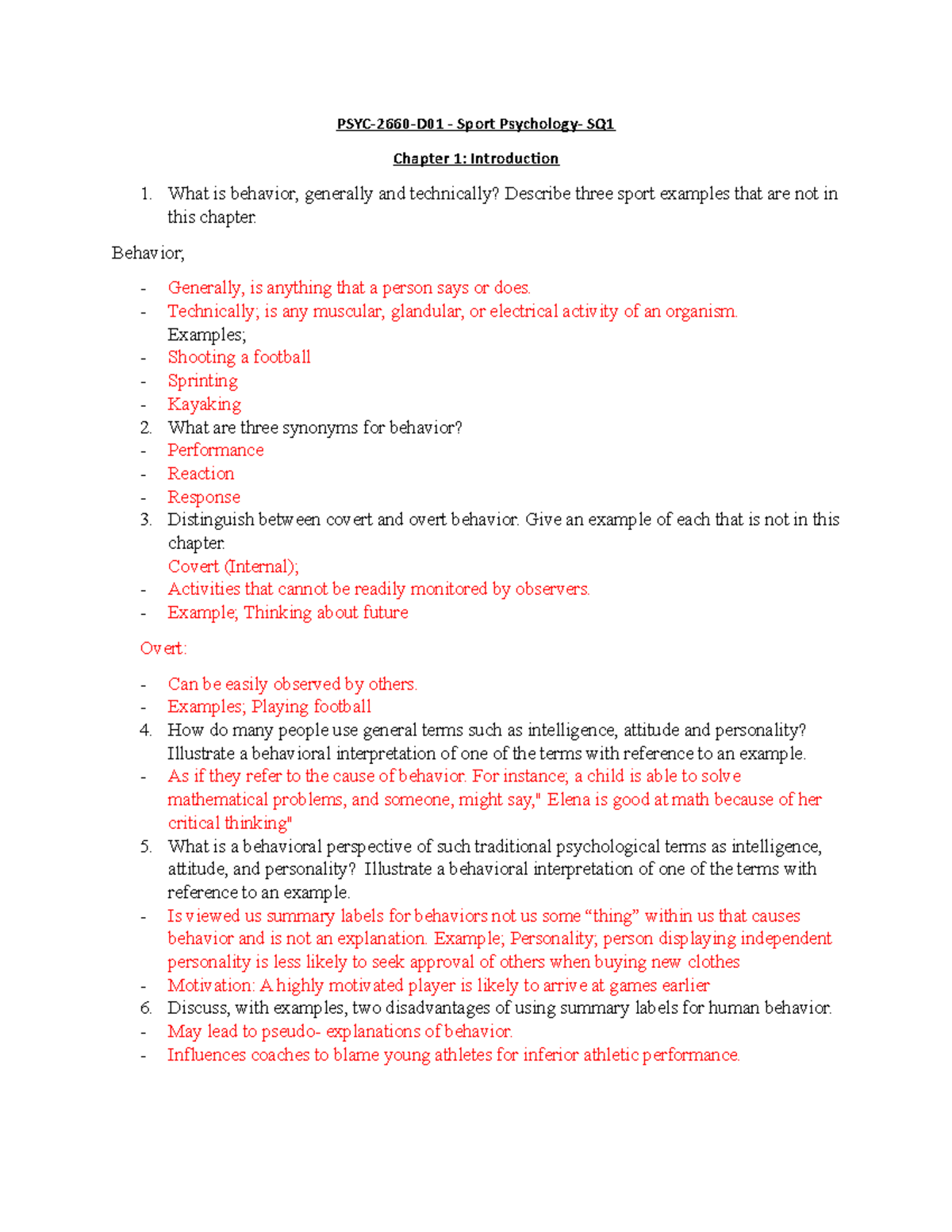 PSYC 2660 SQ1 - Summary for chapter 1 - PSYC-2660-D01 - Sport Psychology- SQ Chapter 1 ...