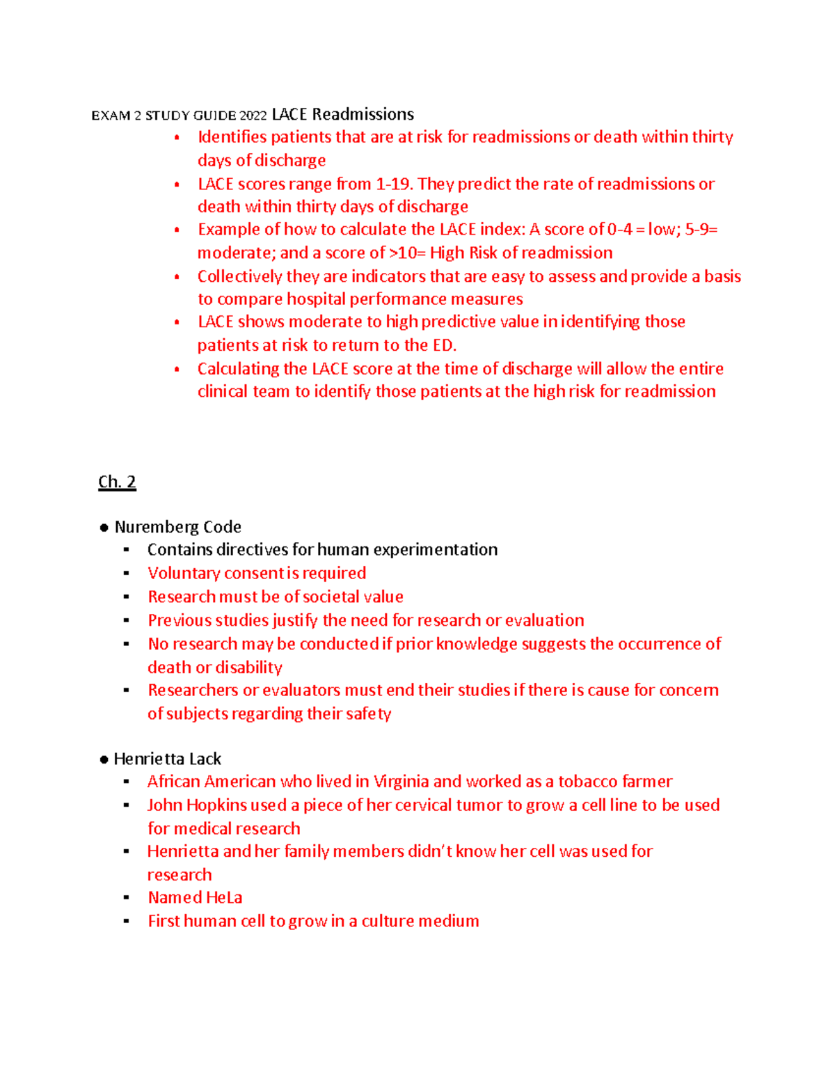 EXAM 2 Study Guide 2022 LACE Readmissions - EXAM 2 STUDY GUIDE 2022 ...
