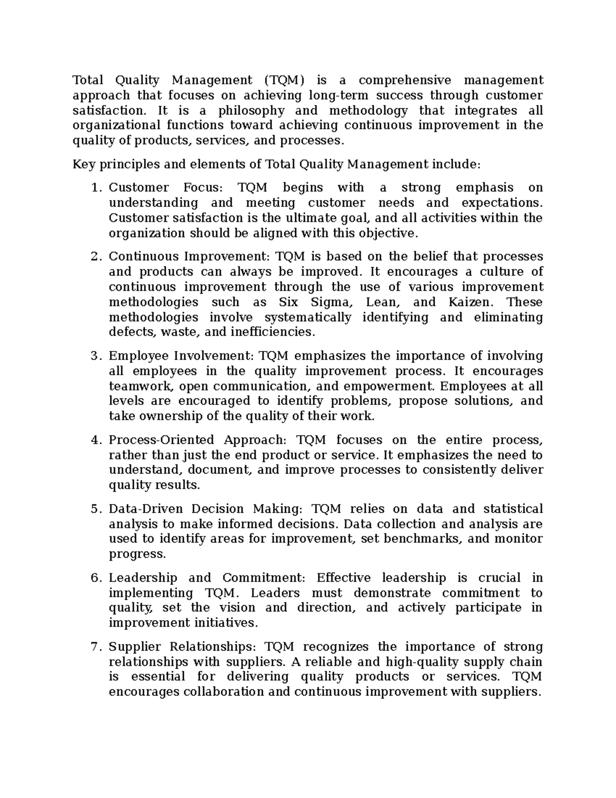 Tqm report 1 - Total Quality Management (TQM) is a comprehensive ...