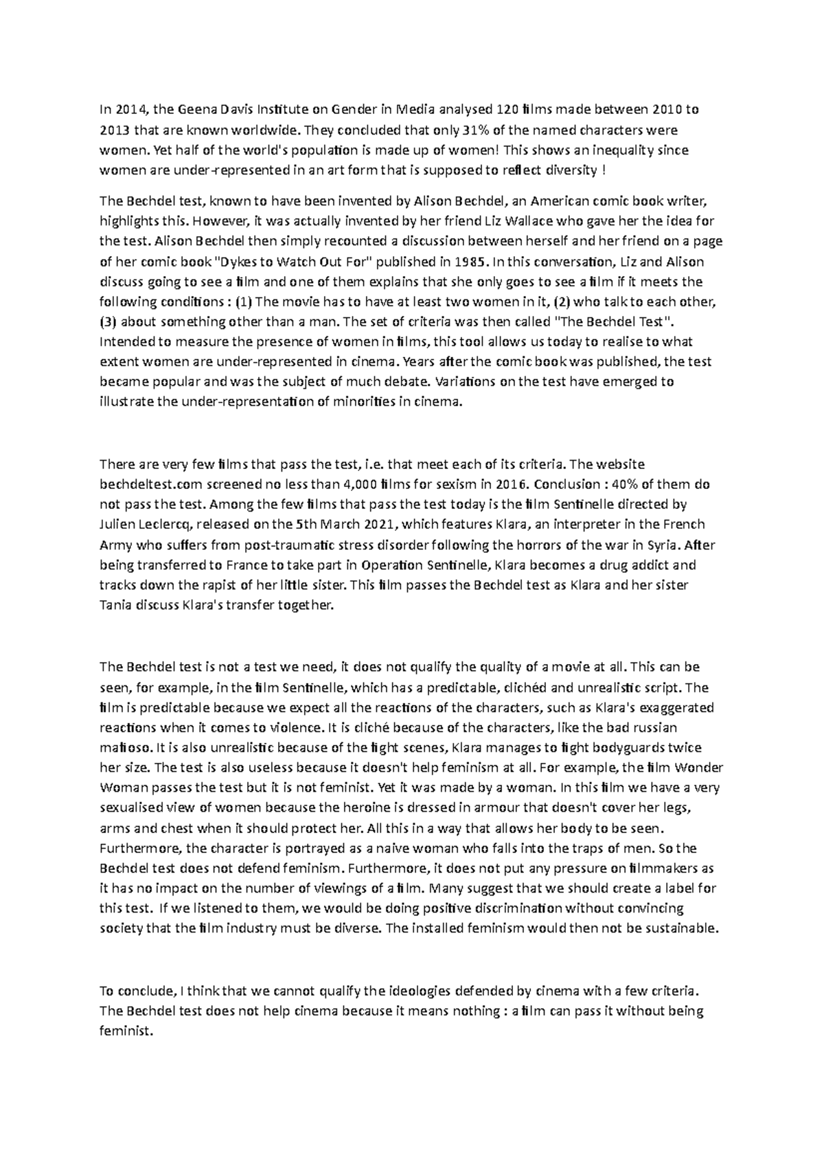 Texte Présentation Orale Bechdel Test Anglais - In 2014, the Geena ...