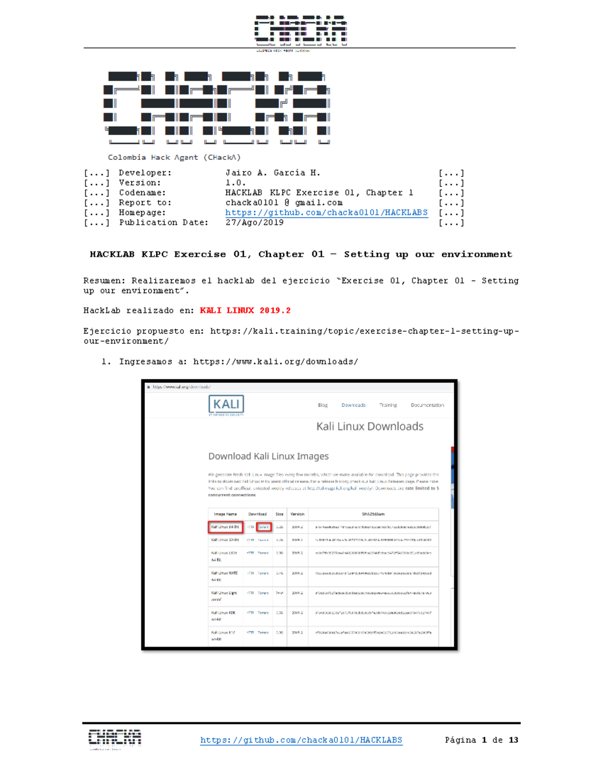 Hacklab KLPC Exercise 01, Chapter 01 - [...] Developer: Jairo A. García ...