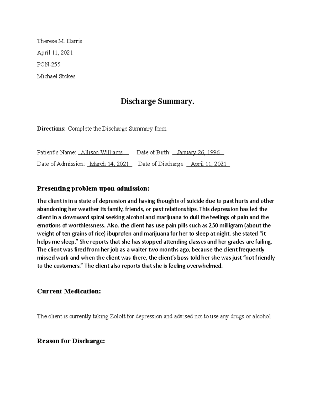 Discharge Summary ( Therese) - Therese M. Harris April 11, 2021 PCN ...