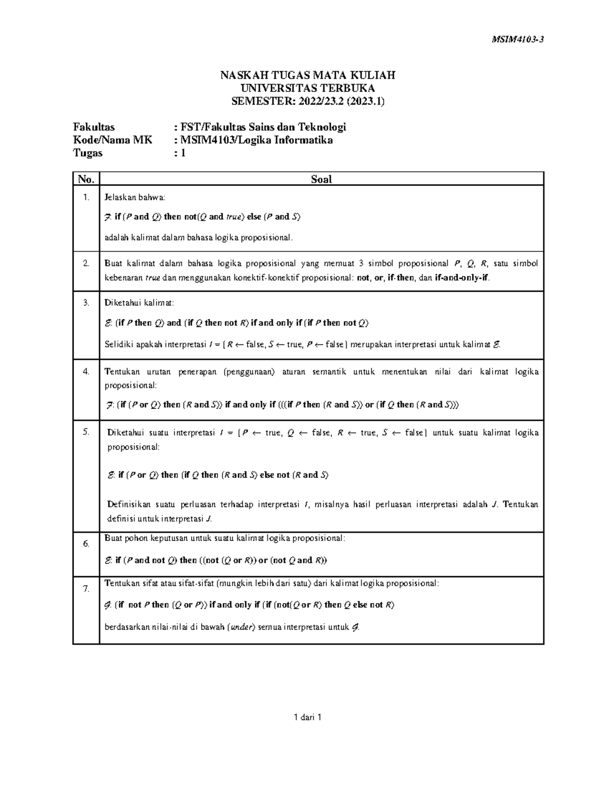 Soal msim4103 tmk1 3 - rgergregerg - MSIM4103- 1 dari 1 NASKAH TUGAS MATA KULIAH UNIVERSITAS ...