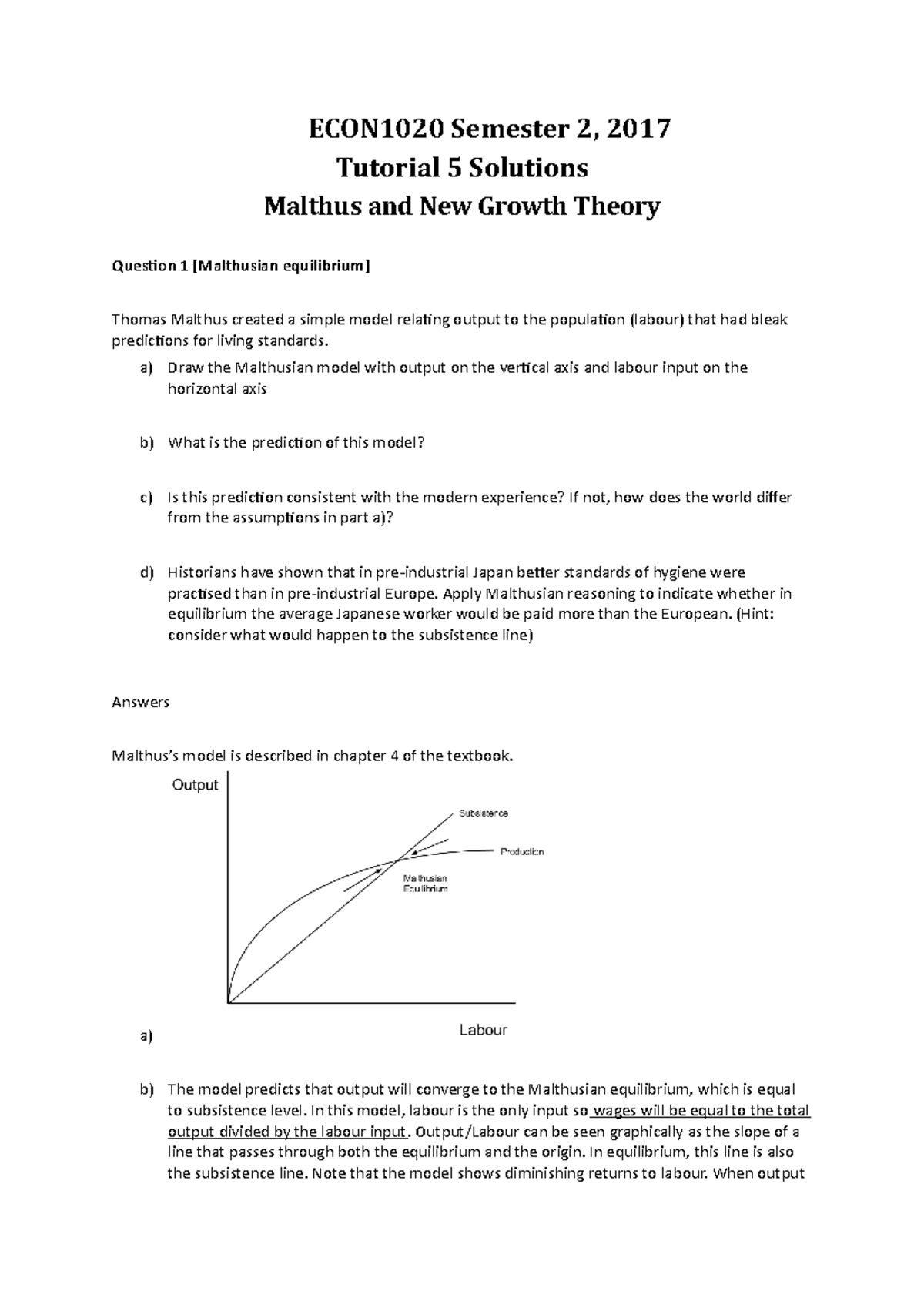 Tutorial 5 Solutions - ECON1020 Semester 2, 2017 Tutorial 5 Solutions ...