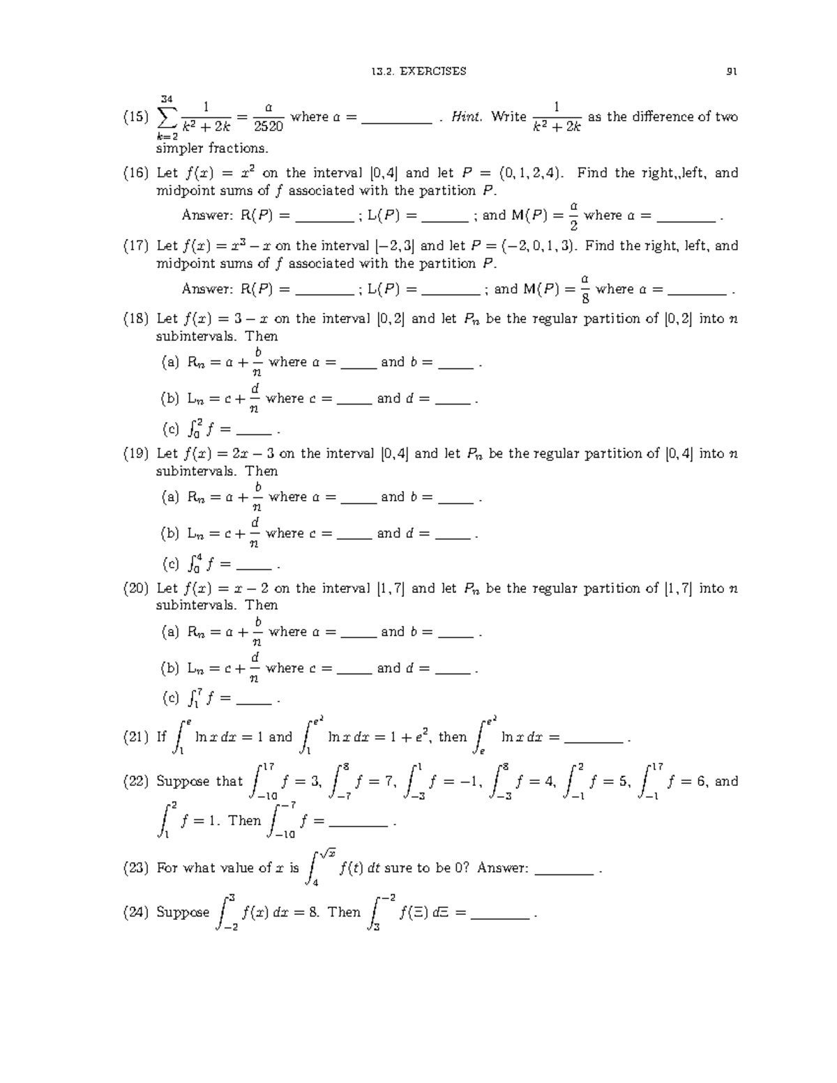6 Exercises and Problems in Calculus - EXERCISES 91 ####### (15 ...