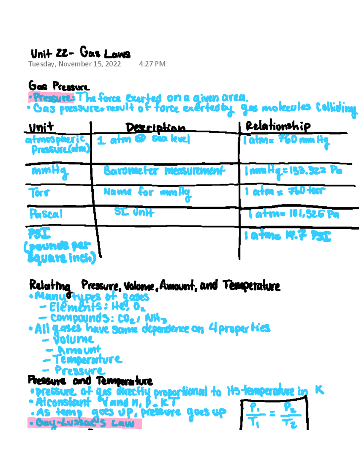 Unit 22-gas laws - CHEM 101 - Tuesday, November 15, 2022 4:27 PM - Studocu