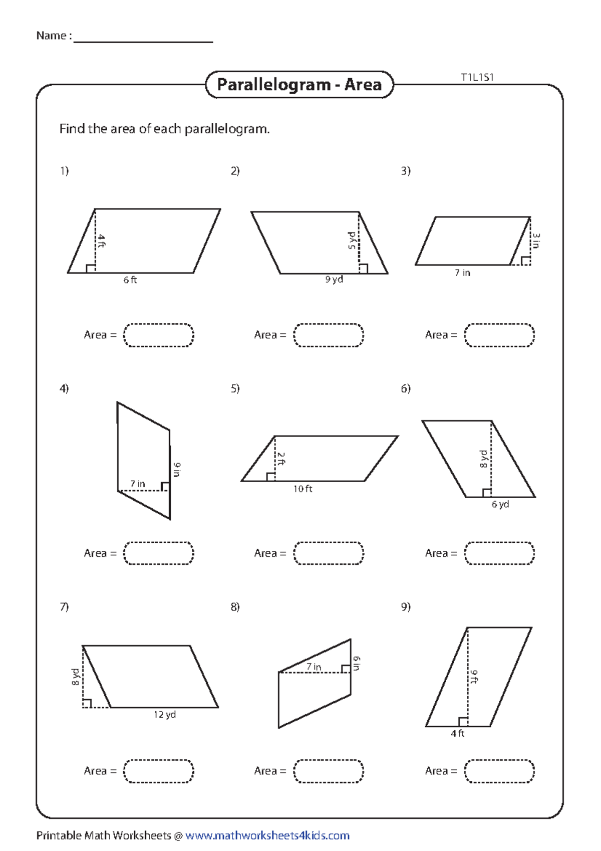 Integers T1 L1 1 Parralelogram 4 Ft 6 Ft 8 Yd 12 Yd Printable Math