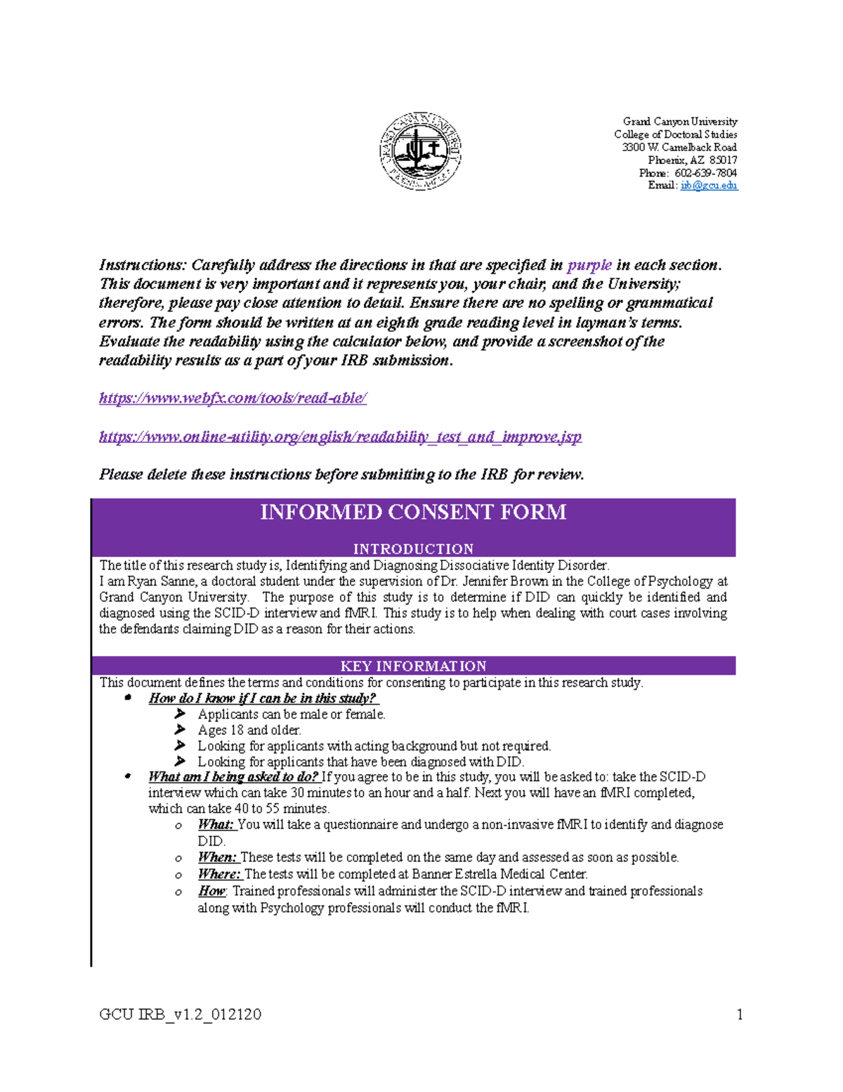 Informed Consent and Debrief assignment - Grand Canyon University ...